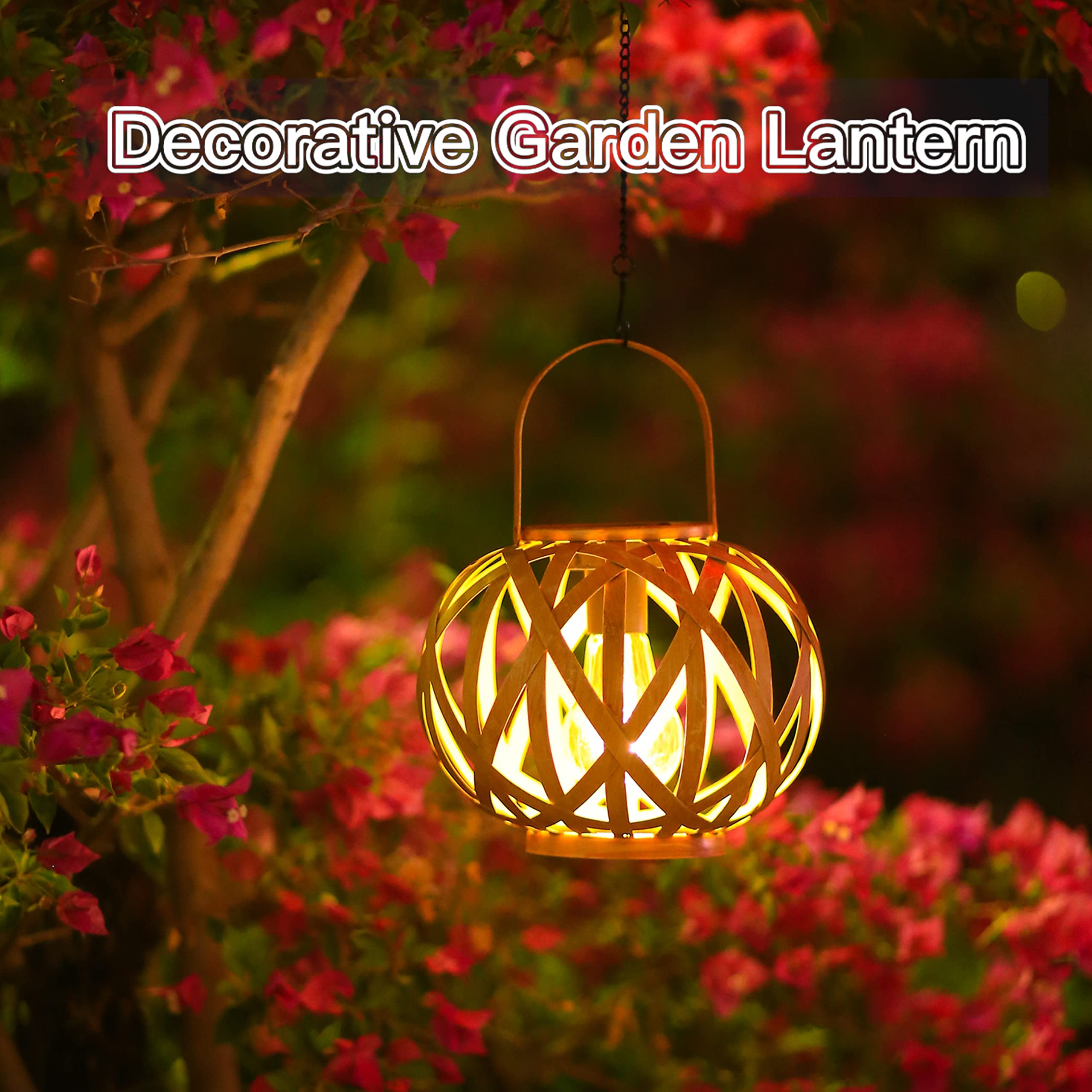 Solar Metal Woven Lanterns Outdoor - 10"*8" Waterproof Hanging Cordless Lantern with Edison Bulb Farmhouse Decor for Yard Patio Garden Home