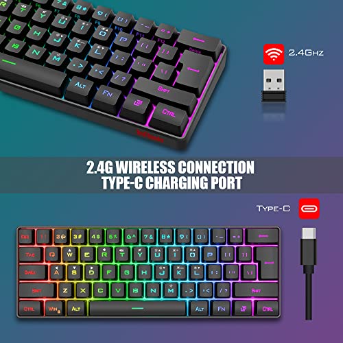 RedThunder 60% Wireless Gaming Keyboard, Rechargeable RGB Backlit Ultra Compact Mini Gaming Keyboard, Ergonomic Waterproof Mechanical Feeling Keyboard for PC, MAC, Laptop, PS4, PS5, Xbox ONE Gamer