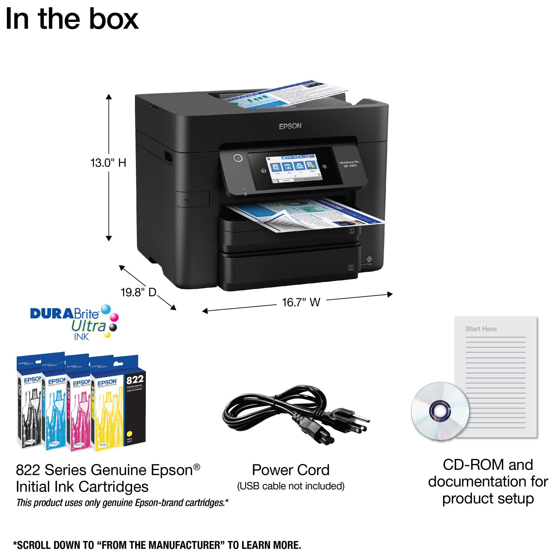 Epson Workforce Pro WF-4833 Wireless All-in-One Color Inkjet Printer, Black - Print Scan Copy Fax - 25 ppm, 4800 x 2400 dpi, 4.3" Touchscreen, Auto 2-Sided Printing, 50-Sheet ADF, 500-Sheet, Ethernet