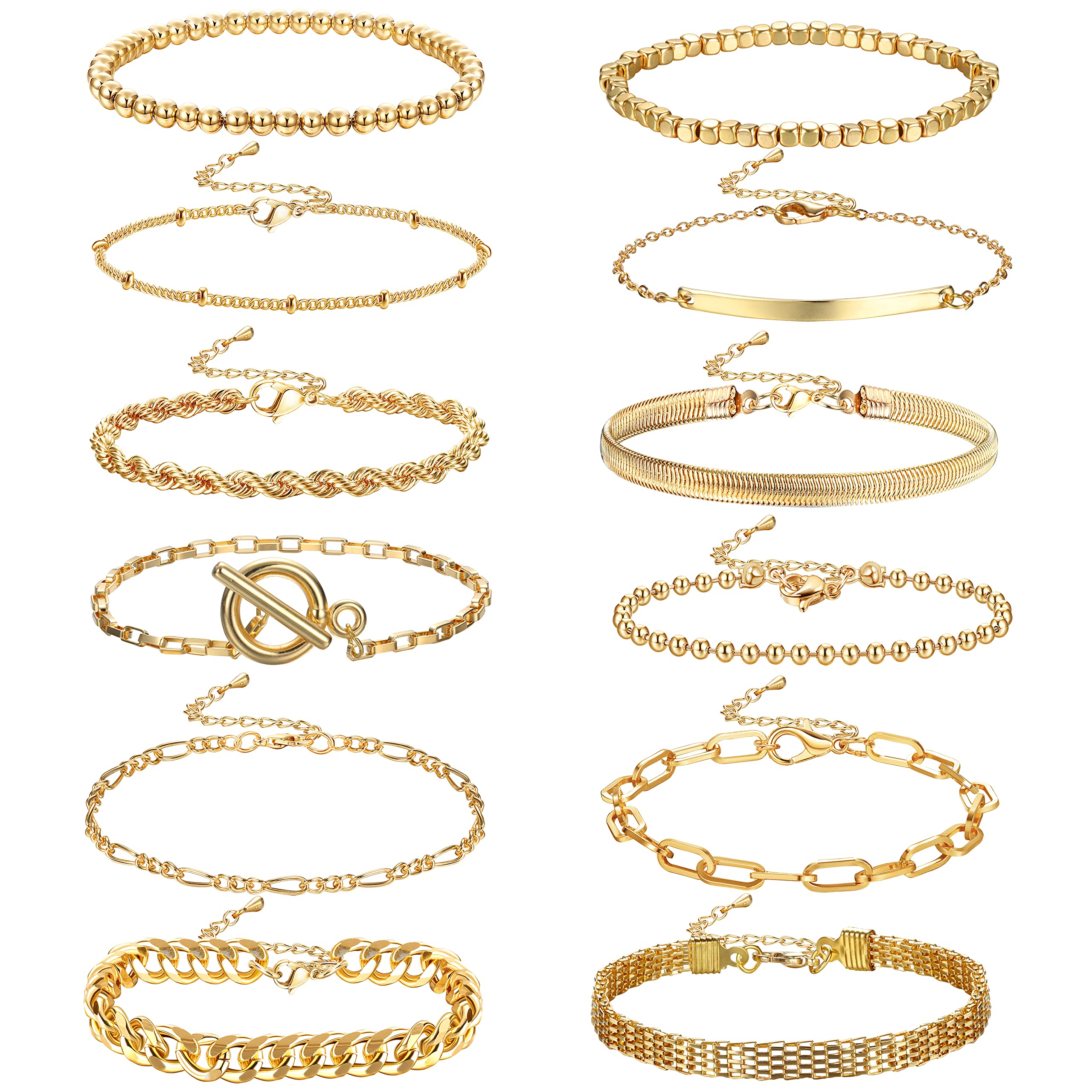 Fansilver 12Pcs Gold Women 14K Gold Plated Boho Stackable Bracelets Paperclip Cuban Cuff Bangle Beaded Layered Link Chain Bracelets Set Gold Tone