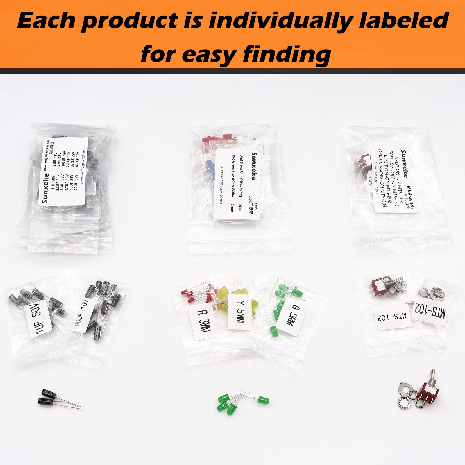 Sunxeke Electronic Component DIY Assortment Kit,Include Resistors,Capacitors,Triode,PCB,Tact Switch,Toggle Switch,Potentiometer,LED,Inductors,Crystal oscillator,Integrated Circuit.