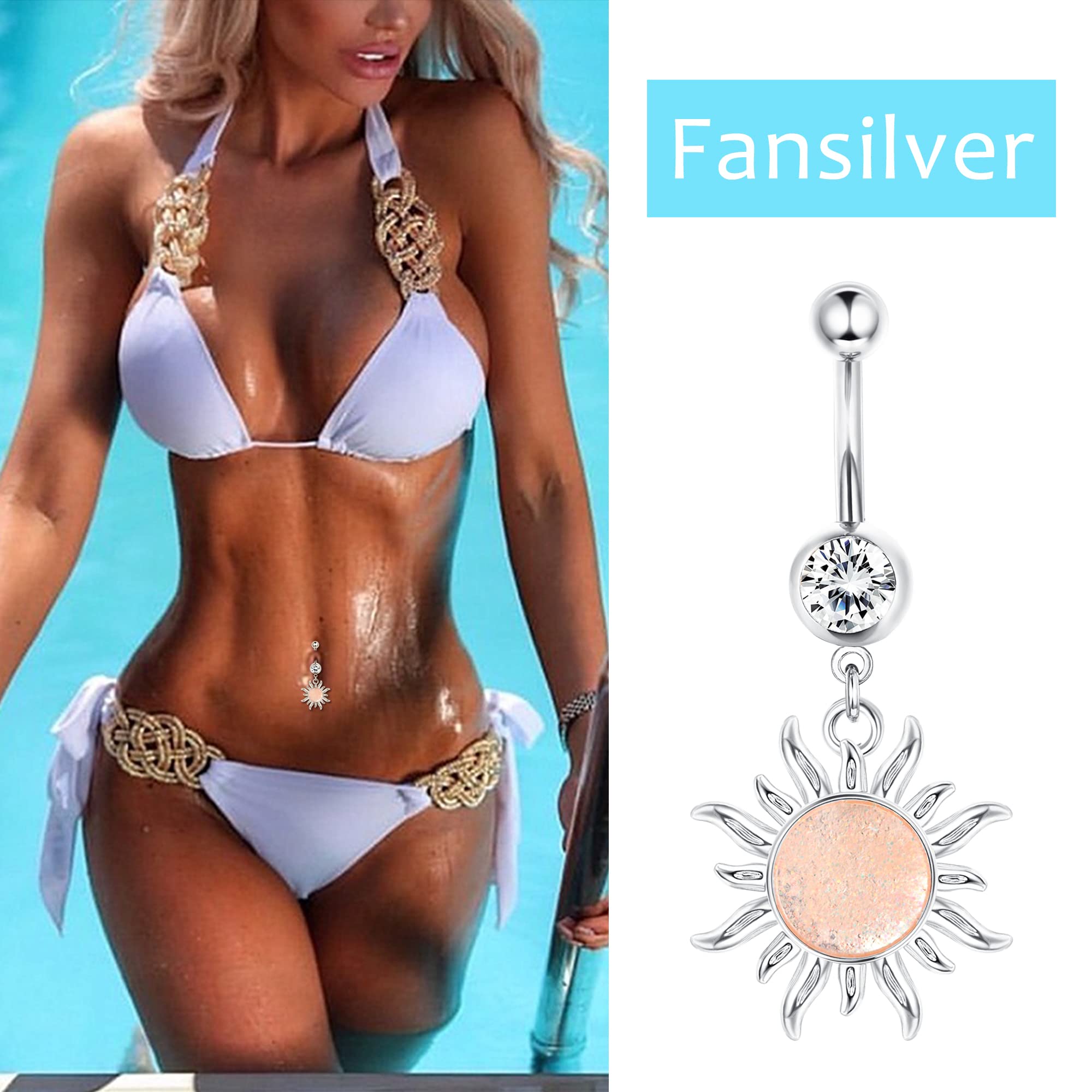 Fansilver 7Pcs 14G Belly Button Rings Dangle 316L Surgical Steel CZ Navel Ring Barbell for Women Butterfly Heart Evil Eye Belly Button Rings Pack