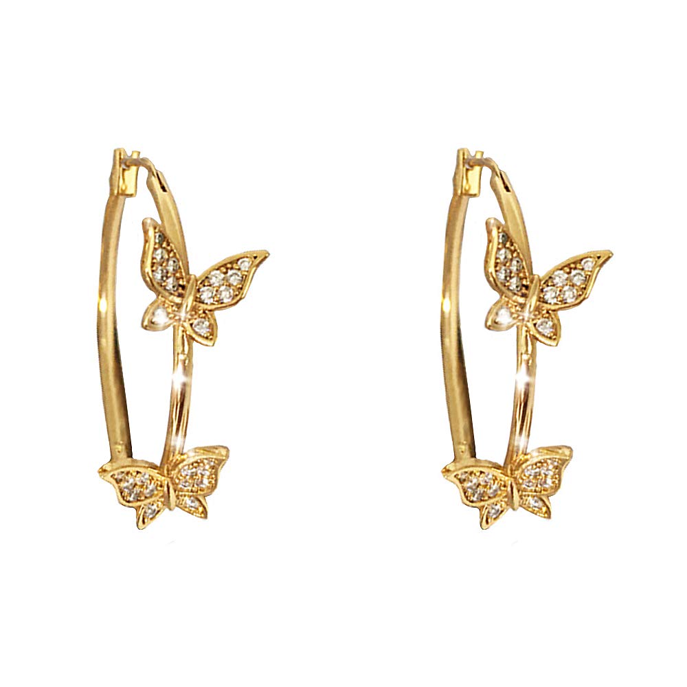 Double CZ Butterfly Dangle Hoop Earrings for Women Girls Cubic Zirconia Big Gold Hoops Click Top Lever-back Clasp Earring Dainty Huggie Mother's Day Christmas Jewelry for Wedding Party Prom
