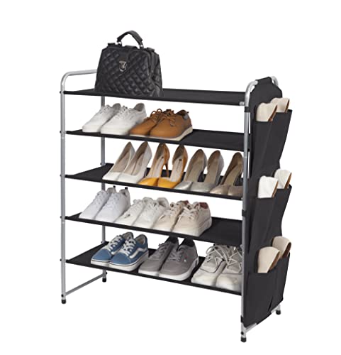 STORAGE MANIAC 5 Tier Shoe Rack with 6 Side Pockets, 23-Pairs Metal Shoes Organizer Free Standing Compact Shoe Storage Organizer Shoe Shelf for Closet Bedroom Entryway Hallway, Black