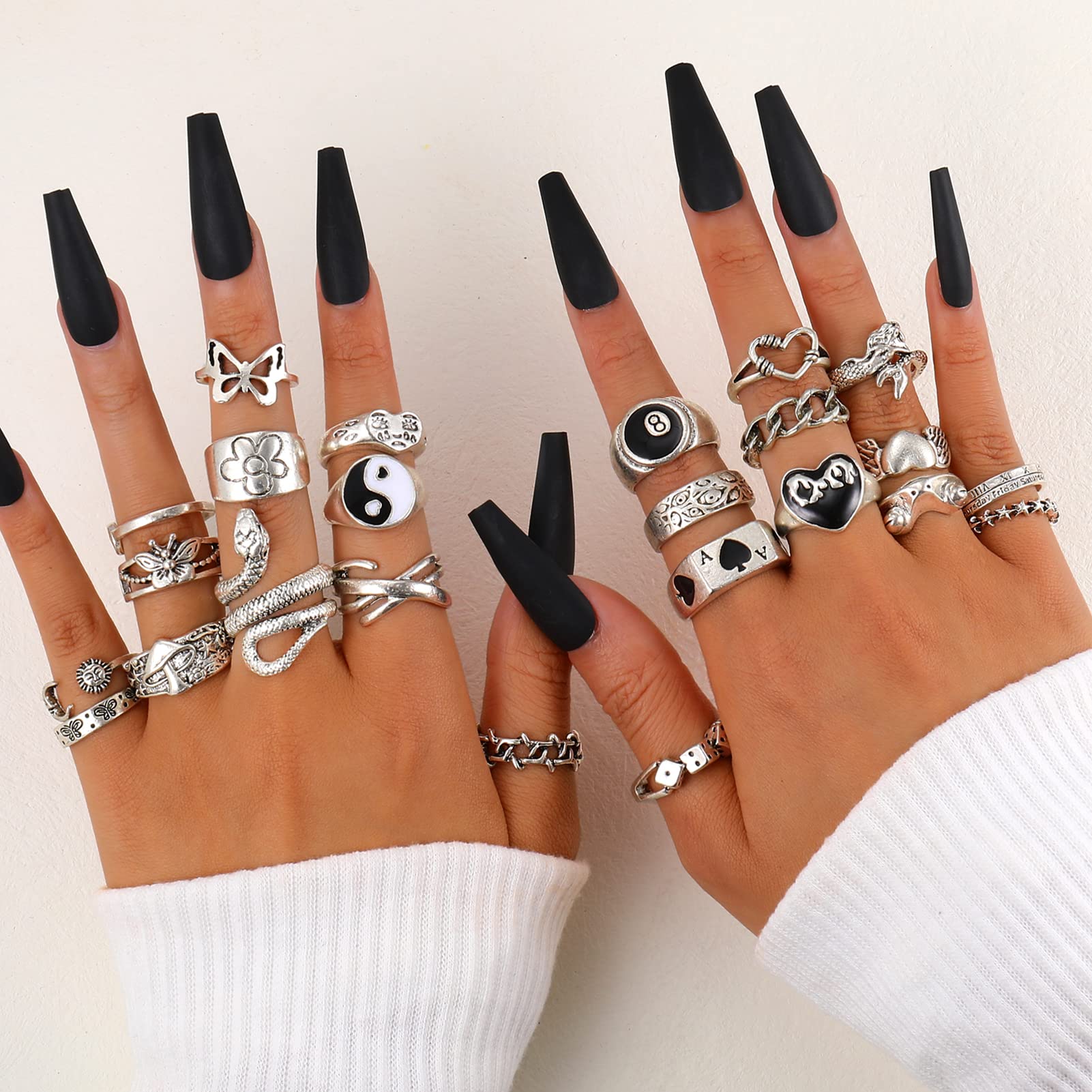 FAXHION Vintage Silver Open Punk Rings for Men Women, 24PCS Adjustable Rings, Chunky Silver Rings, Bulky Rings,Cool Gothic Ring,Statement Stacking Ring, Skull Snake Star Flower Heart Y2K Ring