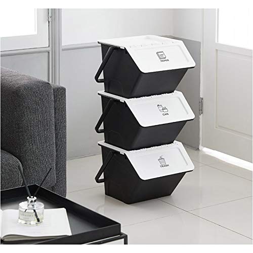 Nature Living Modern Daily Stackable Organizer Stores Recycling Bin Container with Lid, Handle, Recycle Sticker Trash Bin Label, Tools and Toys, Handy Recycler, 3 Pack of Bins, Black and White