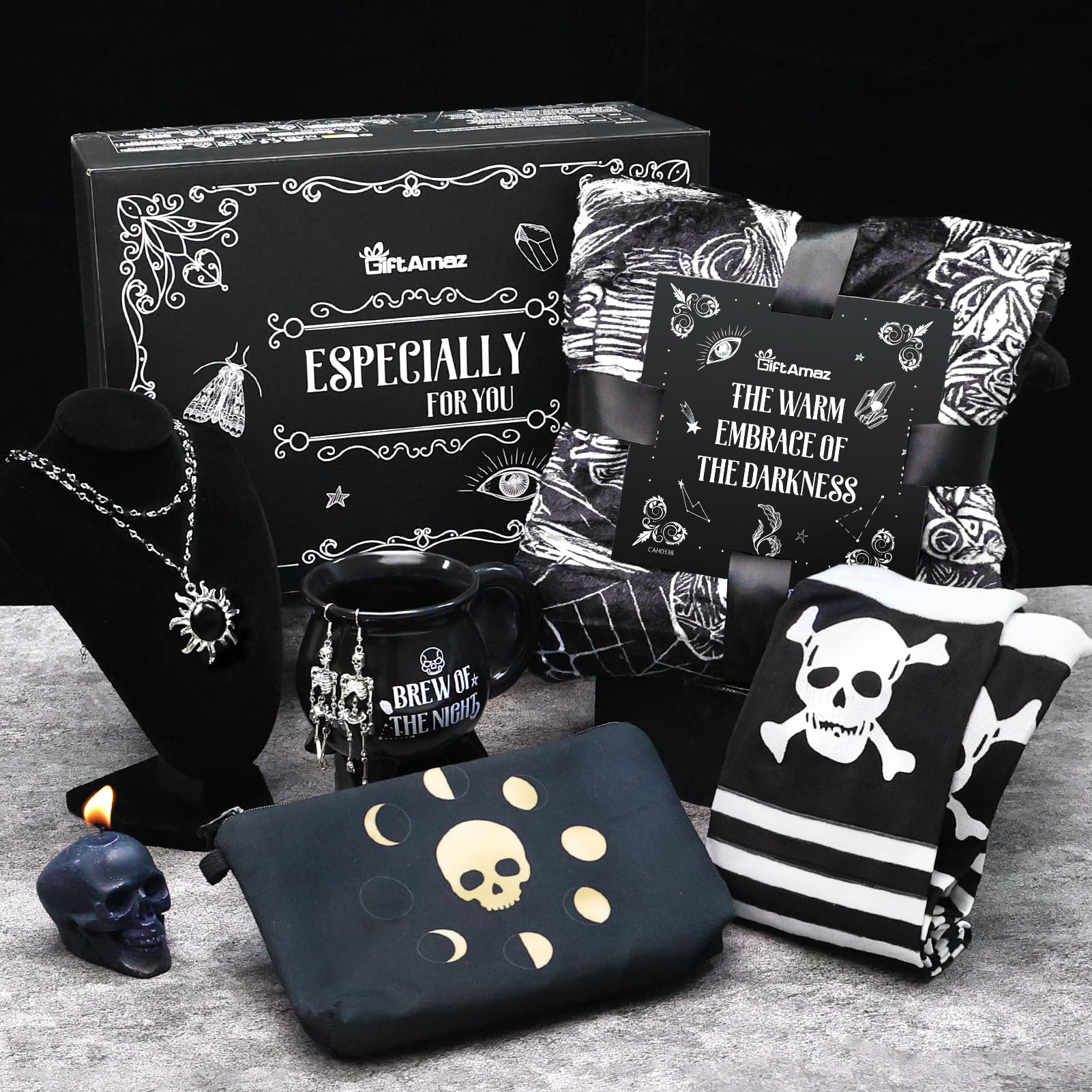 GiftAmaz Gothic Gifts for Women, Goth Theme Box with Gothic Coffee Mug, Goth Skull Candle, Gothic Skull Earrings, Blanket and More, Christmas Party Basket Gothic Gifts for Teens Girls Friend