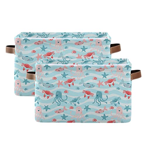 xigua Cartoon Octopus Fish Crabs Shellfish Square Storage Basket,Collapsible Sturdy Fabric Storage Basket Cube W/Handles for Clothes Toy Closet(1 pcs)