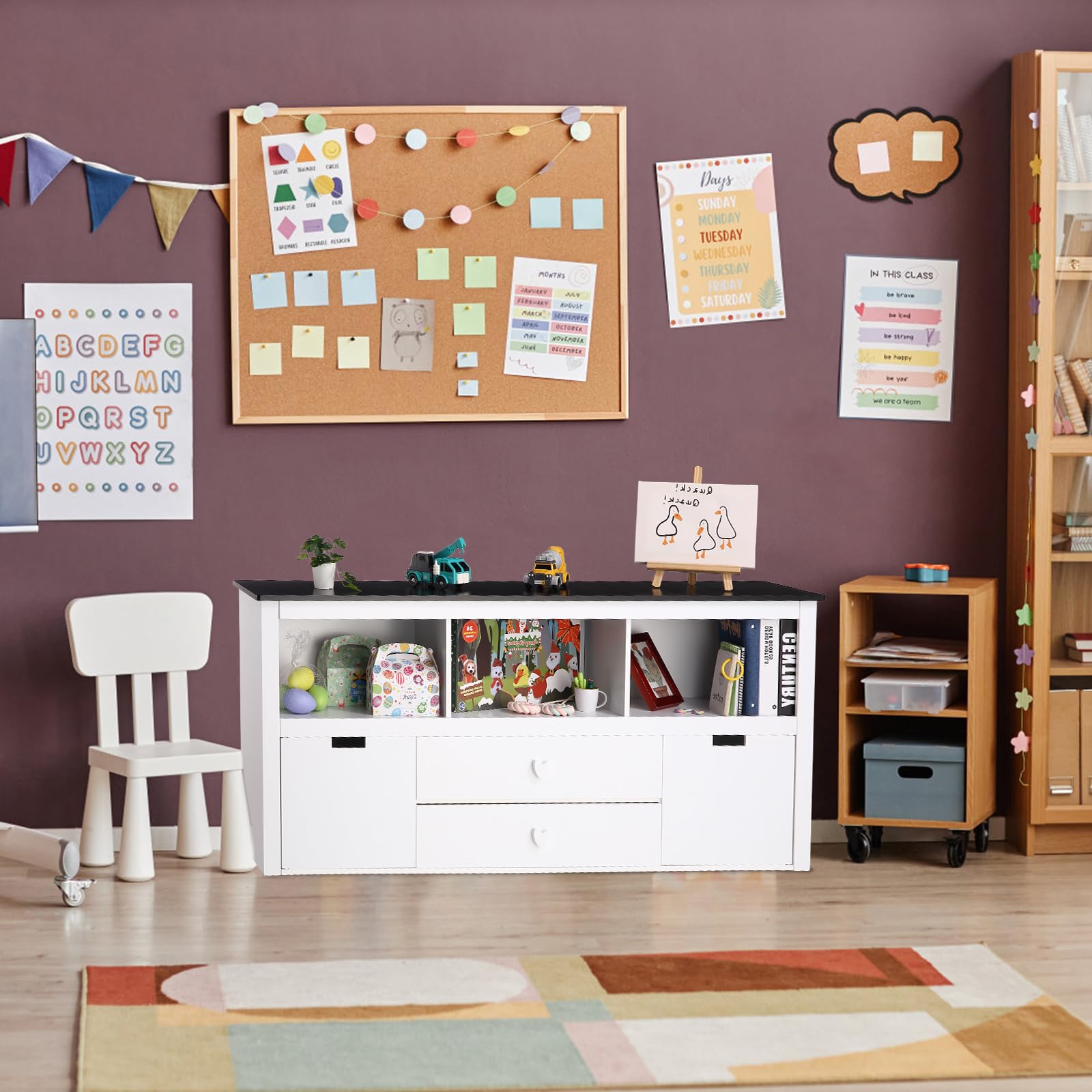 HobbyField Kids Toy Storage Organizer with with 2 Drawers,Toy Storage Organizer with Bookshelf,Movable Drawers & Blackboard Top for Boys Girls Toddler Classroom Bookcase for Bedroom,Playroom,Nursery