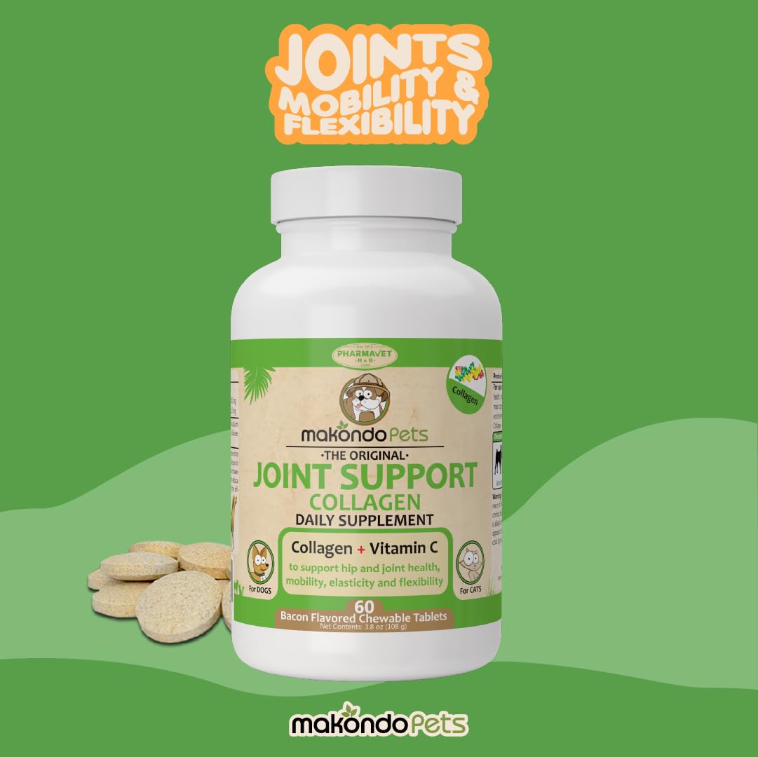 Makondo Pets - Collagen for Dogs & Cats - Collagen Supplements for Joint Health - Vitamin C Supplement for Joint Mobility - Joint Support Supplement for Dog & Cats - Bacon Flavored Tablets (60 Count)