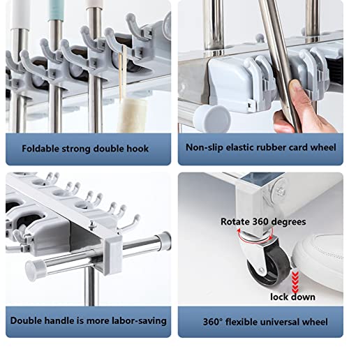 LOJOO Floor Standing Movable Mop Broom Holder Utility Racks, Put Wet mops Cleaning Tool Rack Stainless, Cleaning Tool Cart Storage, for Schools Hospitals Factories Hotels Restaurant