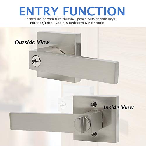 Knobonly Keyed Alike Entry Door Levers One Keyway Entrance/Front Door Handles with Same Keys Satin Nickel, Heavy Duty Keyed Exterior Door Locksets Door Handle Set, Combo Pack of 3