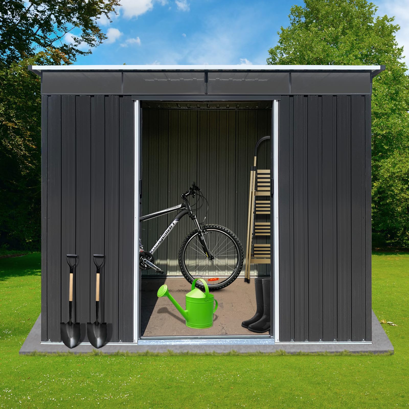 HOHFXM 6 x 8 FT Metal Outdoor Storage Shed Lockable Metal Garden Shed Steel Anti-Corrosion Storage House Storage shed with Lockable Door for Garden Patio Outdoor Storage Sheds Roof Black
