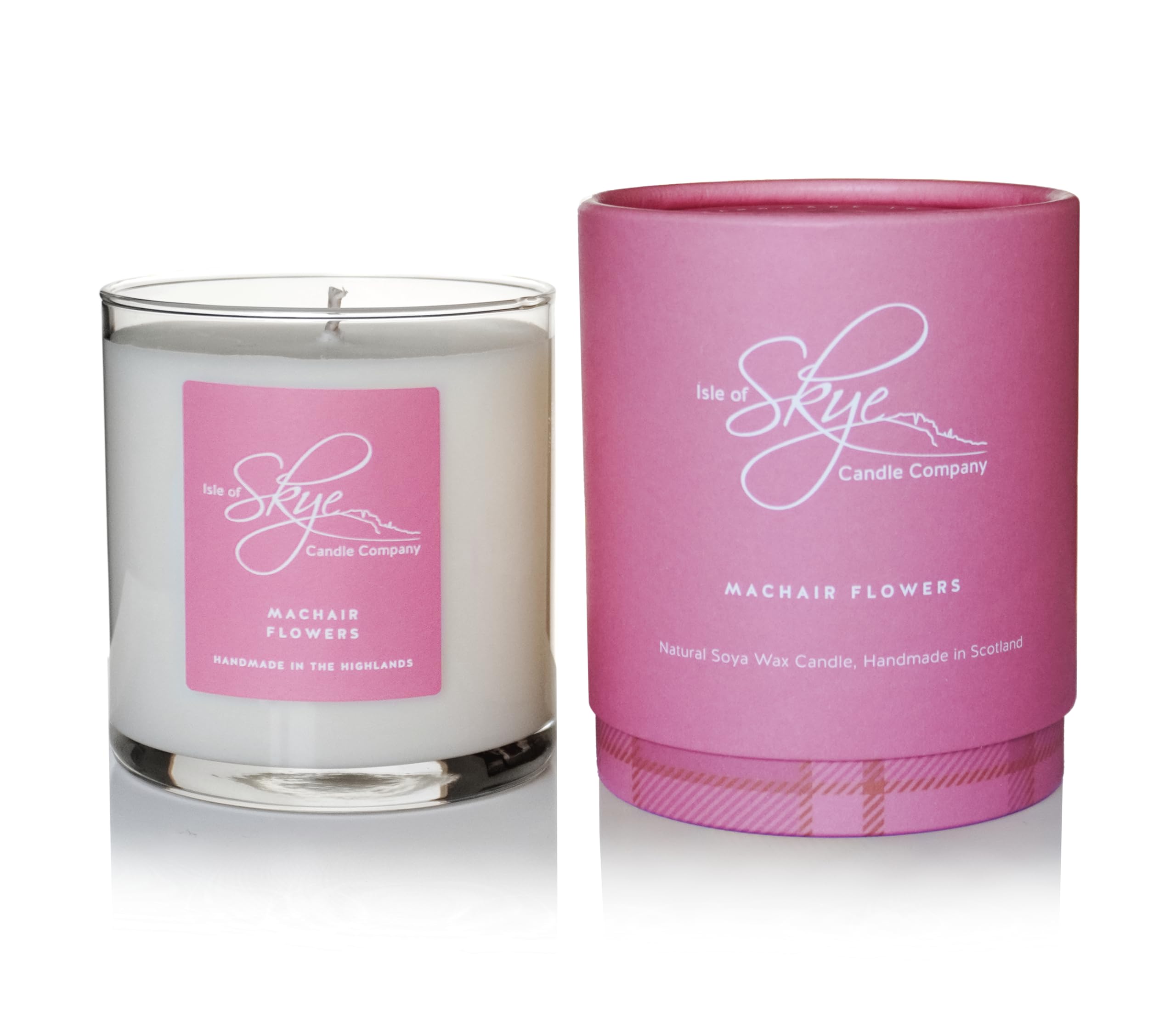 Machair Flowers Candle 100% Natural Soy Wax (Harebell, Gentian, Orchid and Bluebell) Elegant Tartan Packaging. Handmade in Scotland