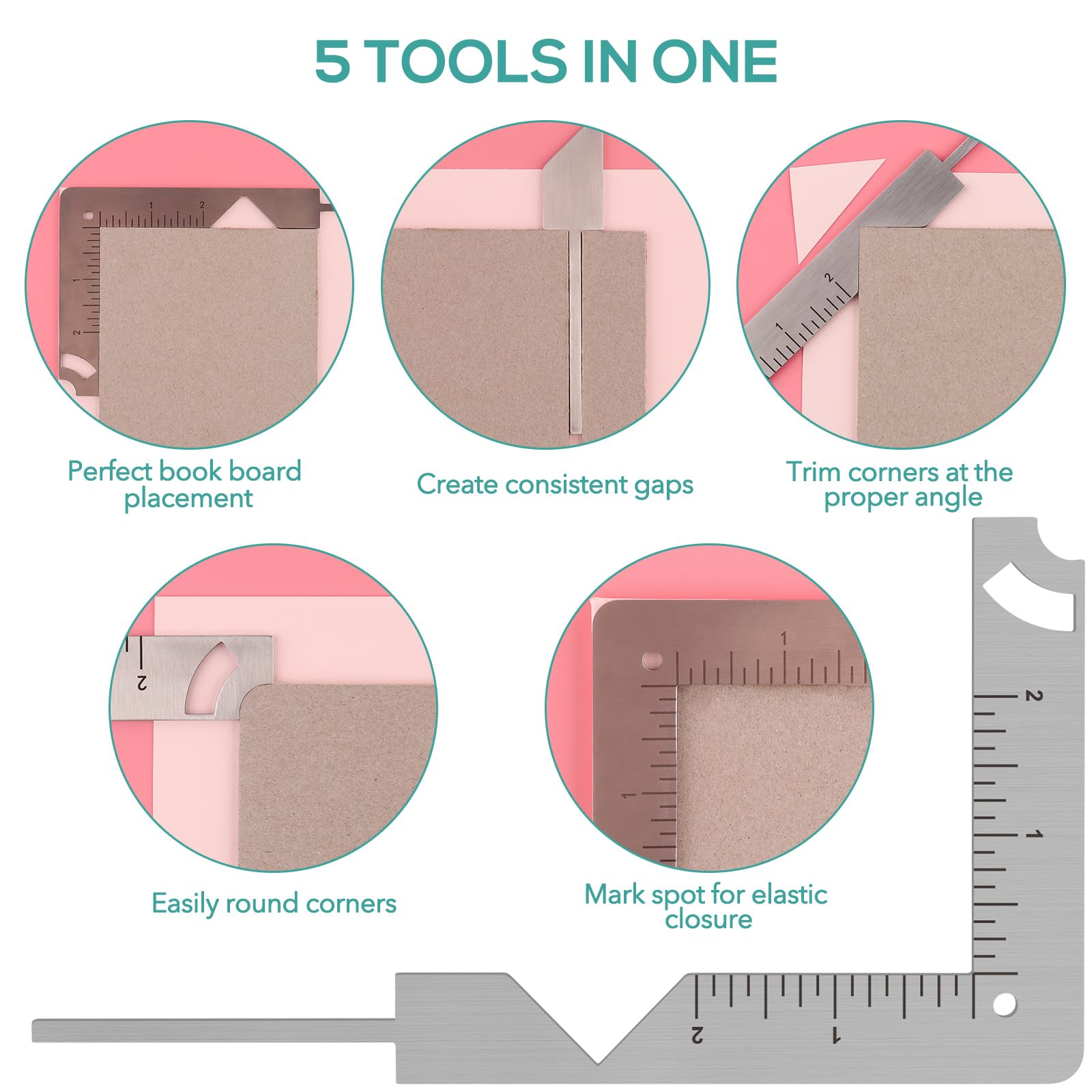 CYFUN DESIGN 5-in-1 Book Cover Guide to Create Sturdy Chipboard Covers,Bookbinding Ruler,Stainless Steel Metal Bookbinding Cover Tool,Scrapbooking Tools Arts Crafts,Scrapbook Cover Maker