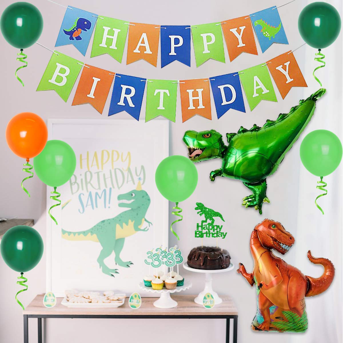 Dinosaur Birthday Decorations for Boy Three Rex Birthday Decorations Dinosaur Party Supplies 3 Year Old - Three Rex Balloons Dino Cake Topper Happy Birthday Banner