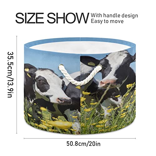 Kigai Black White Cows Round Storage Basket, Toy Basket Bin with Cotton Rope Handle, Laundry Basket Hamper, Clothes Organizer 20 x 14 In