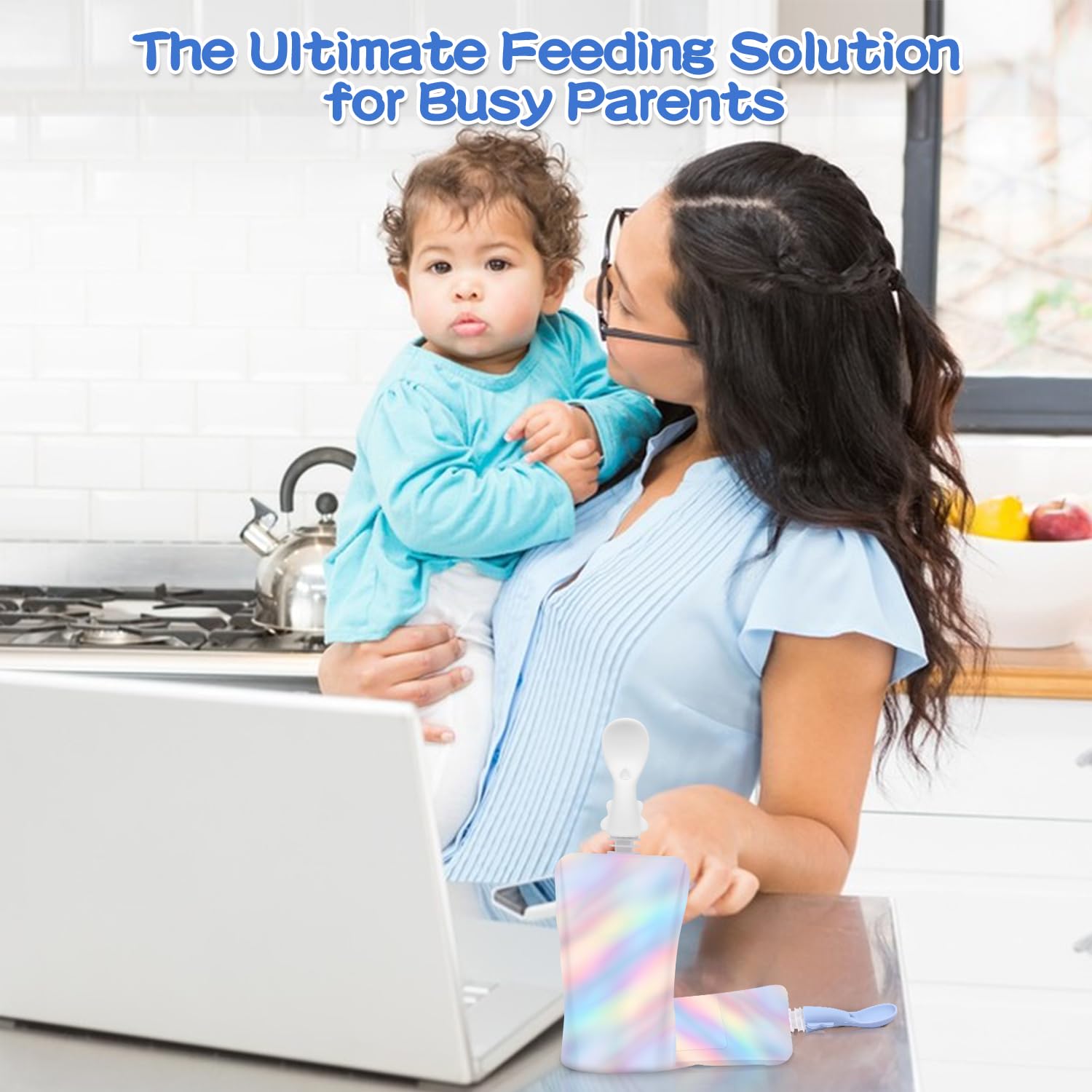 Leak-Proof Silicone Baby Spoon Topper: Easy Attach Spoons for Infant Food Pouches, Includes Baby Spoons, Spoon Silicone, and Squeeze Pouch Attachments, (Blue-White)