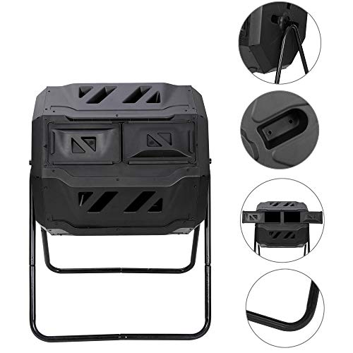 JupiterForce Dual Chambers Rotating Composting Bins, Outdoor Recycling Tumbling Composters with 2 Sliding Doors for All-Season, Garden, Yard Waste, Black(43 Gallons)
