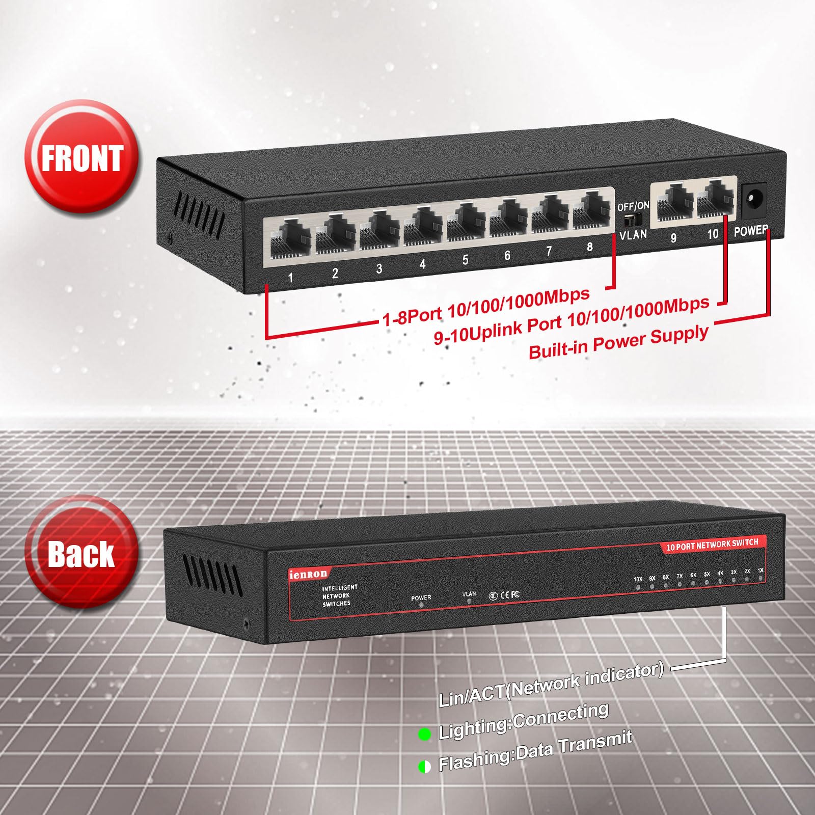 ienRon 10 Port Gigabit Switch, 8 Gigabit Ports + 2 Gigabit Uplink Ports, Unmanaged Ethernet Switch, Internet Switch Network Switch with AI Detection VLAN Mode | Plug and Play| Fanless Metal Design