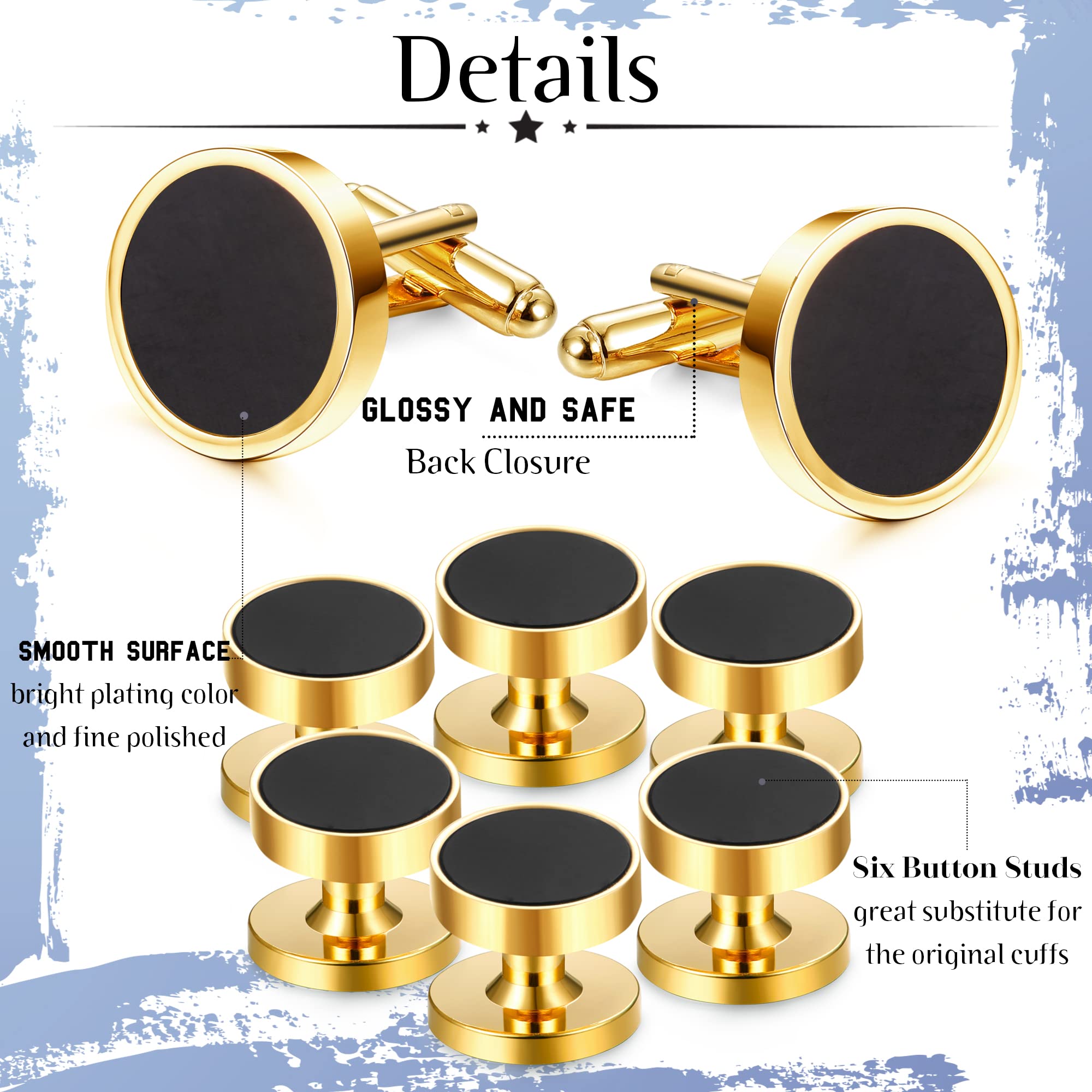 FASACCO 8PCS Cufflinks for Men Classic Cufflinks and Studs Set Black Gold Silver Tuxedo Shirts Cufflinks for Business Wedding, Style 3