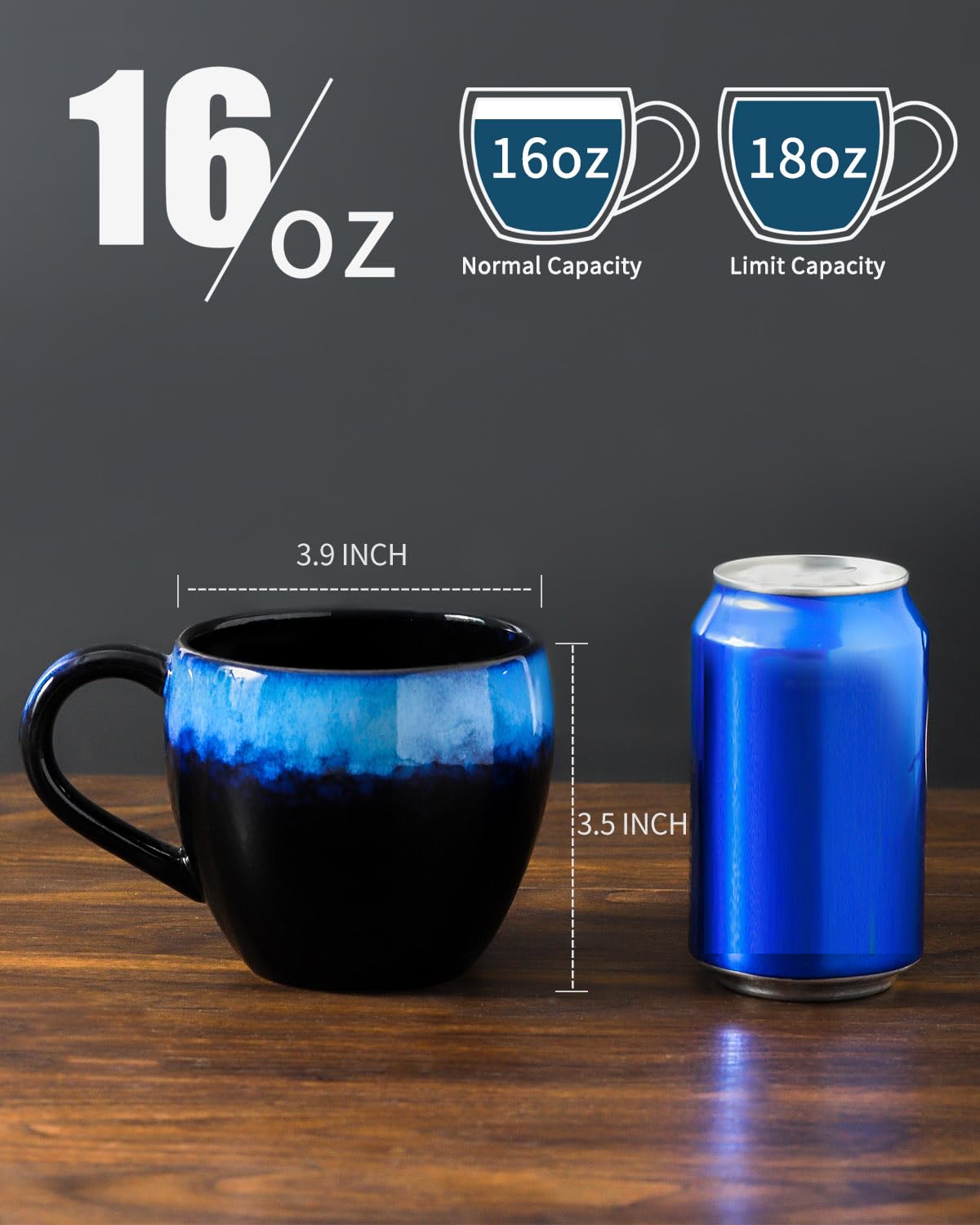 glowworm 16 oz Coffee Mugs, Ceramic Coffee Cups with Spoon, Large Coffee Mugs for Men/Women, Coffee Cups for Latte, Cocoa, Office, Home, Microwave & Dishwasher Safe, Set of 2, Black