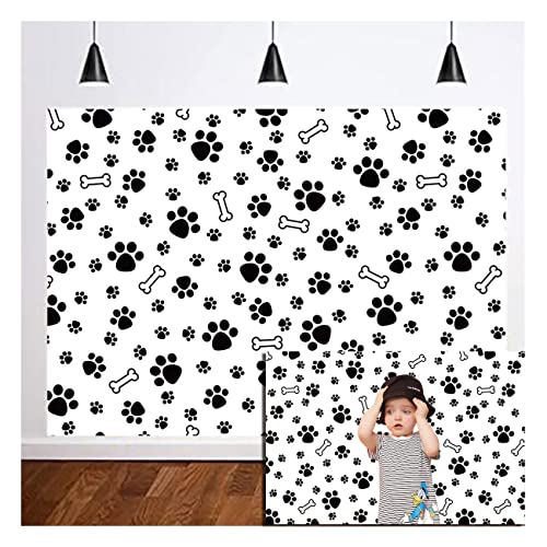 MAQTT Black Puppy Paw Print Backdrop Decoration for Baby Shower White Bone Photo Background Kids Birthday Party Supplies Wall Paper Table Decor Photo Props 5x3ft