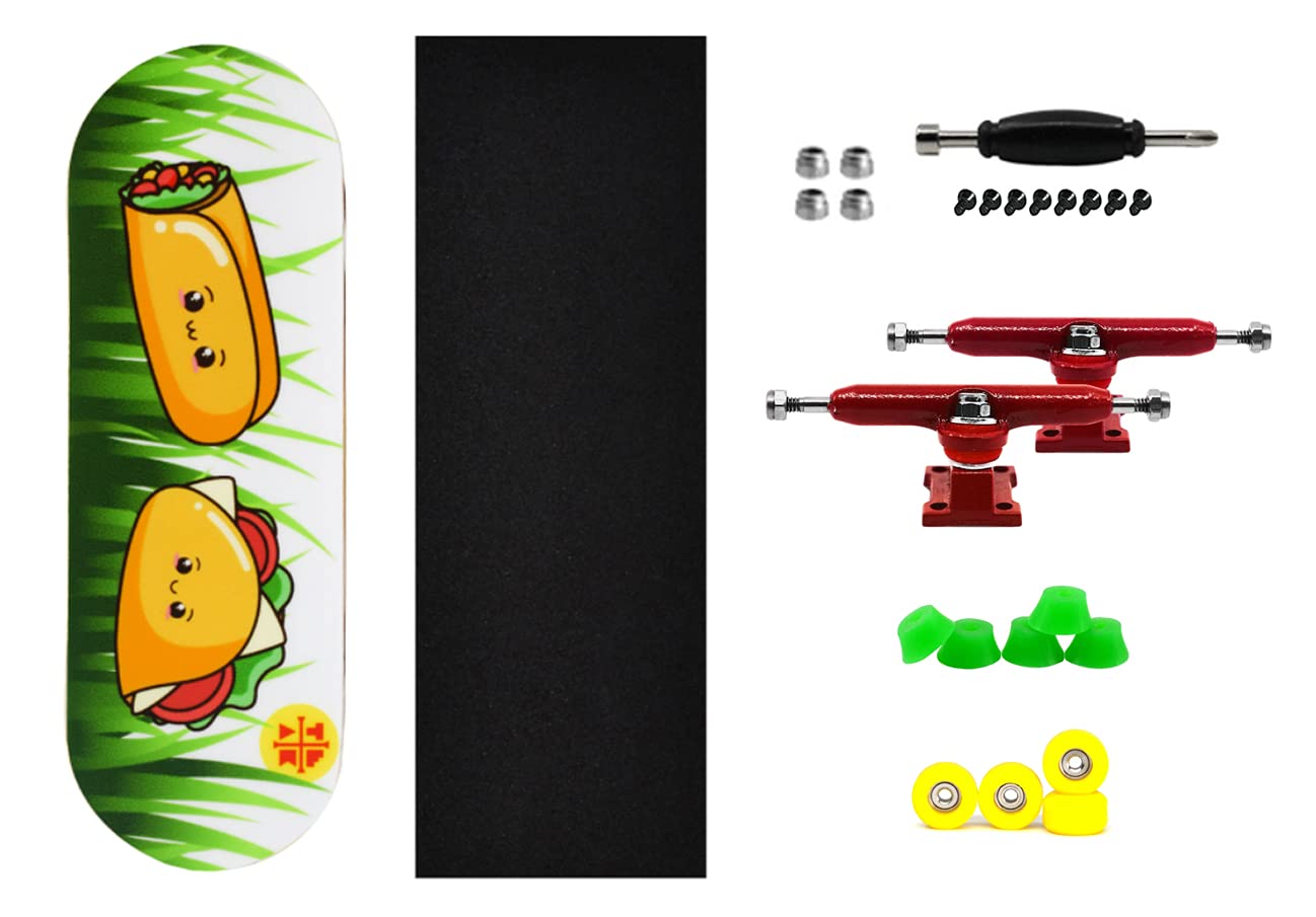 Teak Tuning 32mm Pro Fingerboard Heat Transfer Graphic Complete - Fully Assembled with Pro Level Parts - Pro Shaped Wood Deck (34x97mm), UltraSpin Wheels, Prodigy Trucks - Happy Tacos