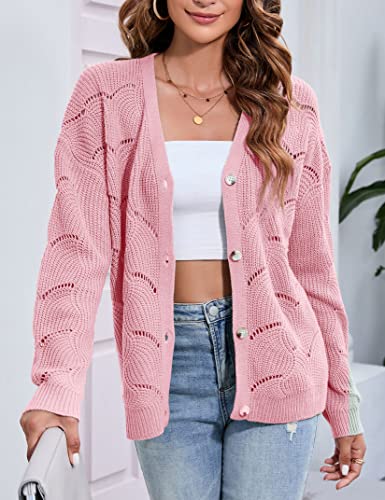 KOJOOIN Women's Crochet Cardigan Lightweight Kimono Long Sleeve Hollow Out Kint Outwear Sweater Barbie Pink M
