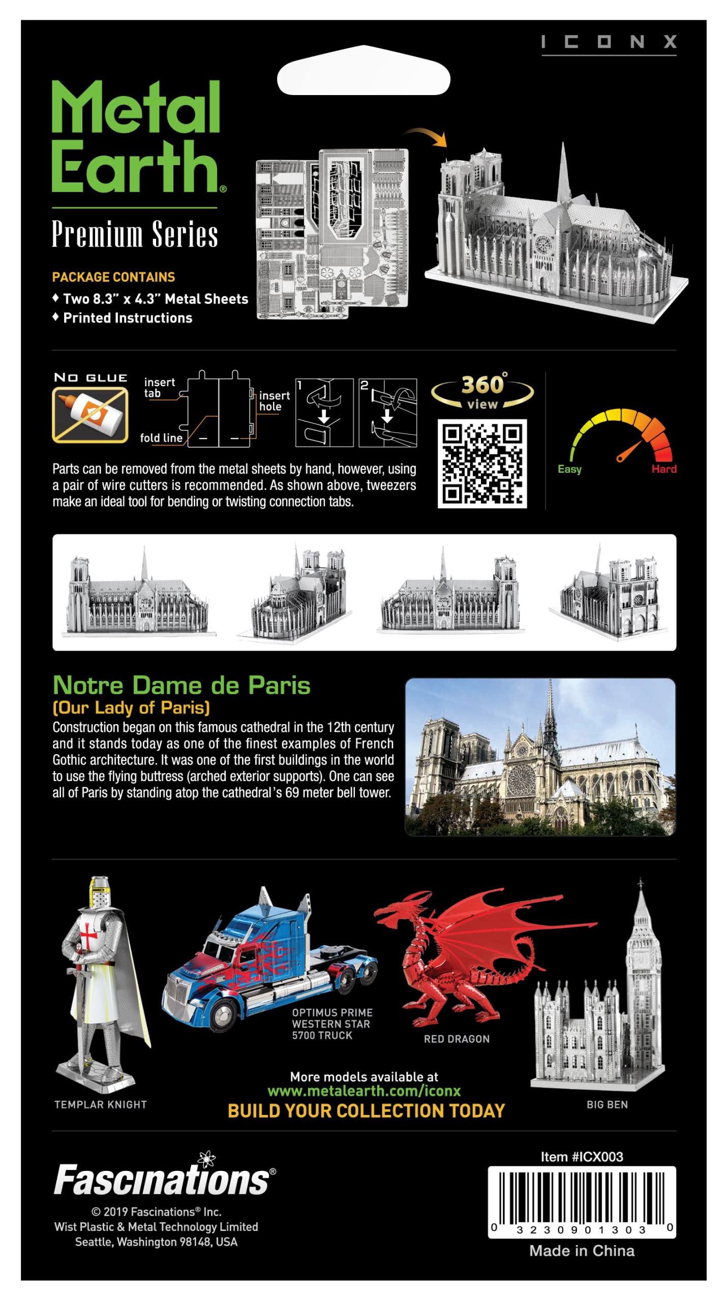 Metal Earth Fascinations Premium Series Notre Dame Cathedral 3D Metal Model Kit Bundle with Tweezers