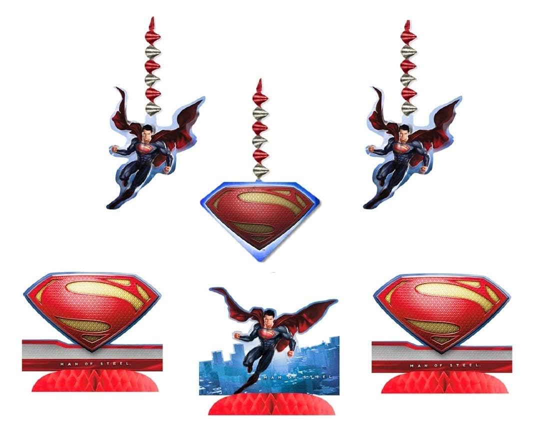Superman Birthday Party Supplies Bundle includes Plates, Cups, Napkins, Table Cover, Invitations, Thank You Notes, Cape, Hanging Decoration, Centerpiece, Tattoo