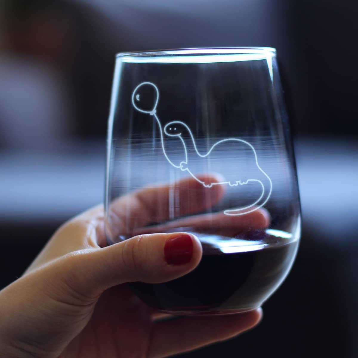 Dinosaur With Birthday Balloon - Stemless Wine Glass - Cute Funny Dino Themed Gifts and Decor for Dinosaur Lovers - Large 17 Oz Glass