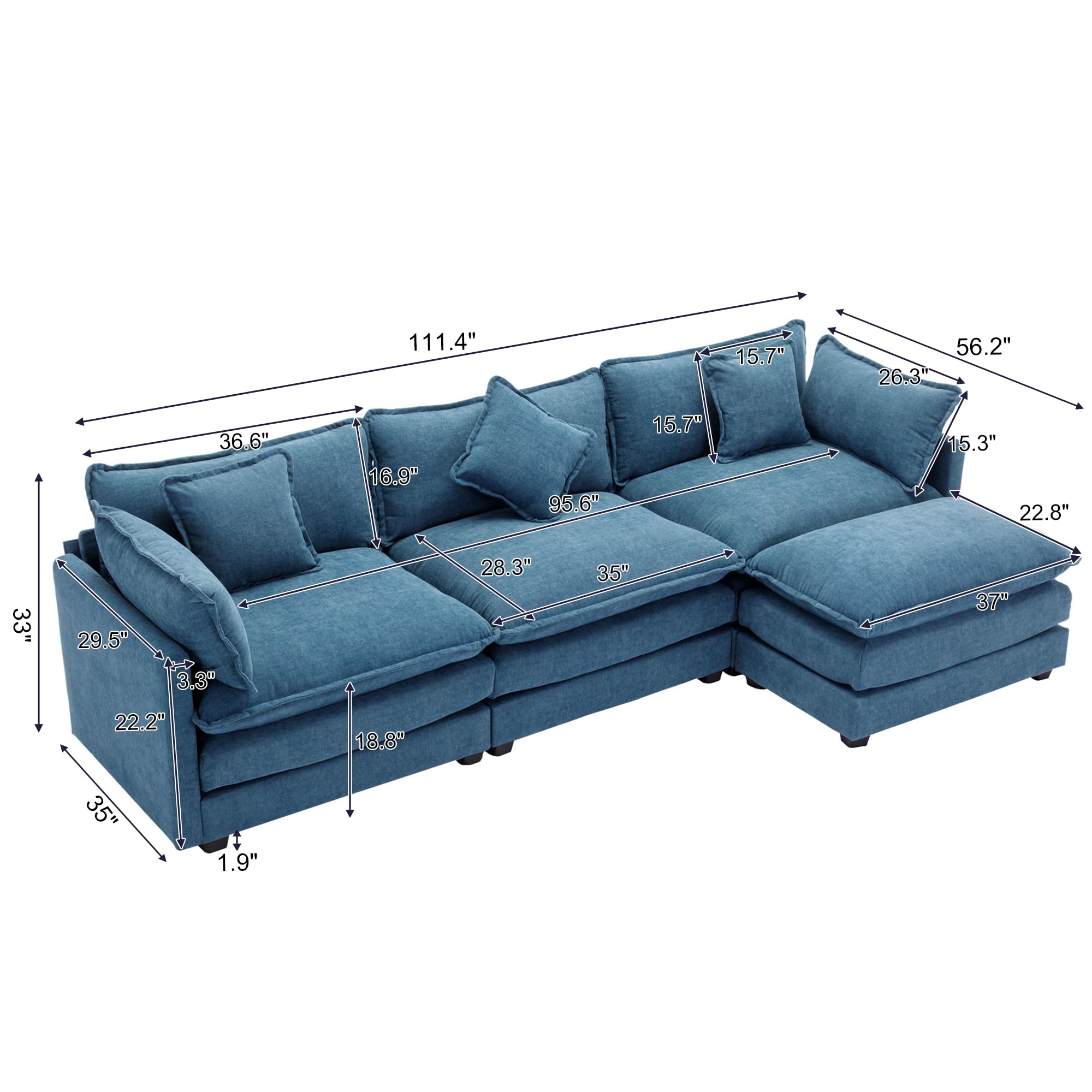 GNIXUU 111.4" Oversized Chenille L Shaped Sectional Sofa Couch, Modern Large Cloud Sectional Couch Set with Ottoman, Comfy Overstuffed Modular Sofa Sleeper for Living Room, Apartment(Gray)