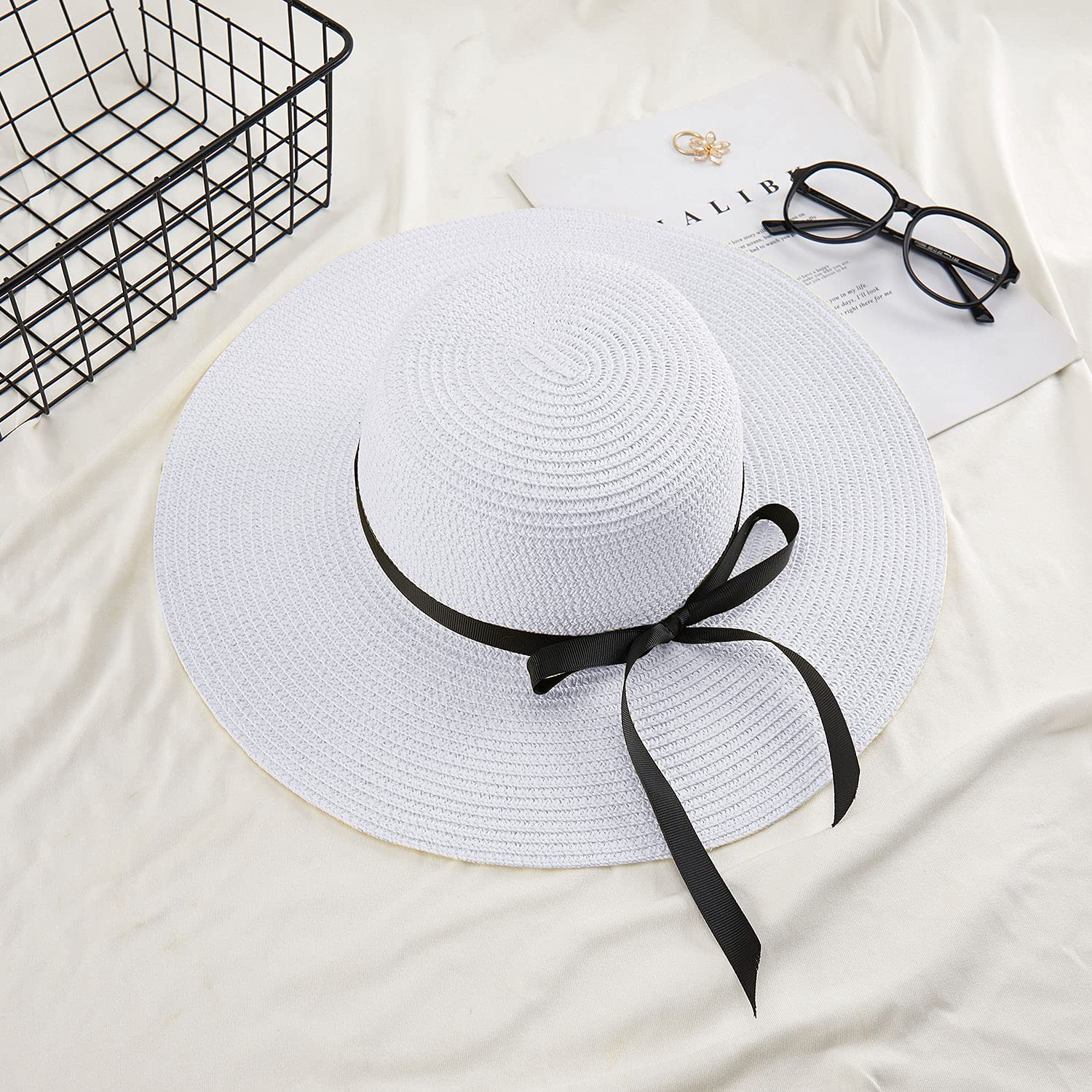 FARVALUE Womens Straw Hat Wide Brim Floppy Beach Cap Adjustable Sun Hat for Women UPF 50+ White