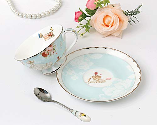Fine Bone China Tea Cups and Saucers, Pastel Blue Floral Design Coffee Mug Tea Cups Set with Gift Box for Women Mom, 7 Ounces
