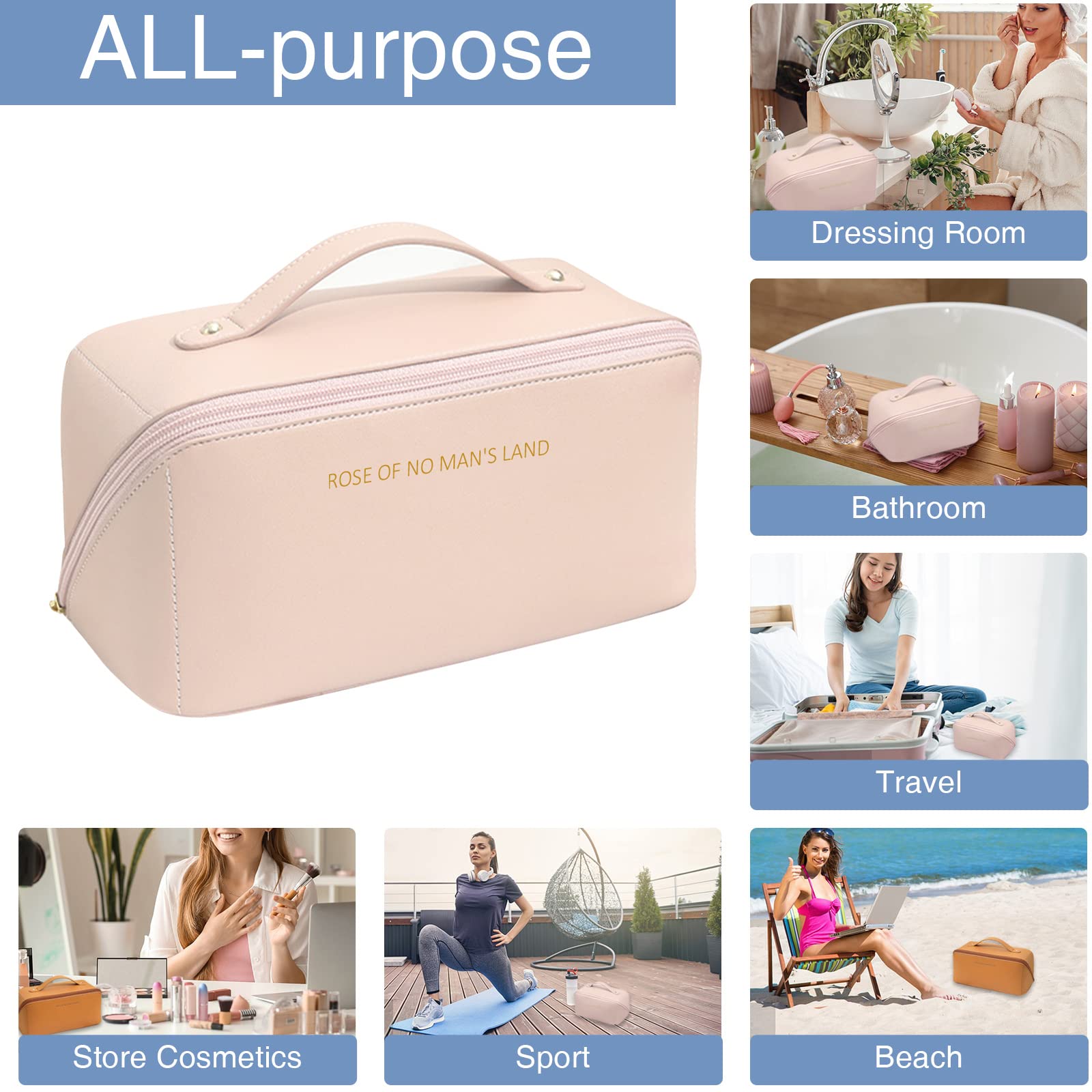 ikaufen 2 Pack Large Capacity Travel Cosmetic Bag, Makeup Bag, Multifunctional Storage Waterproof Portable PU Leather Makeup Organizer Bag with Dividers and Handle (Pink, Brown)