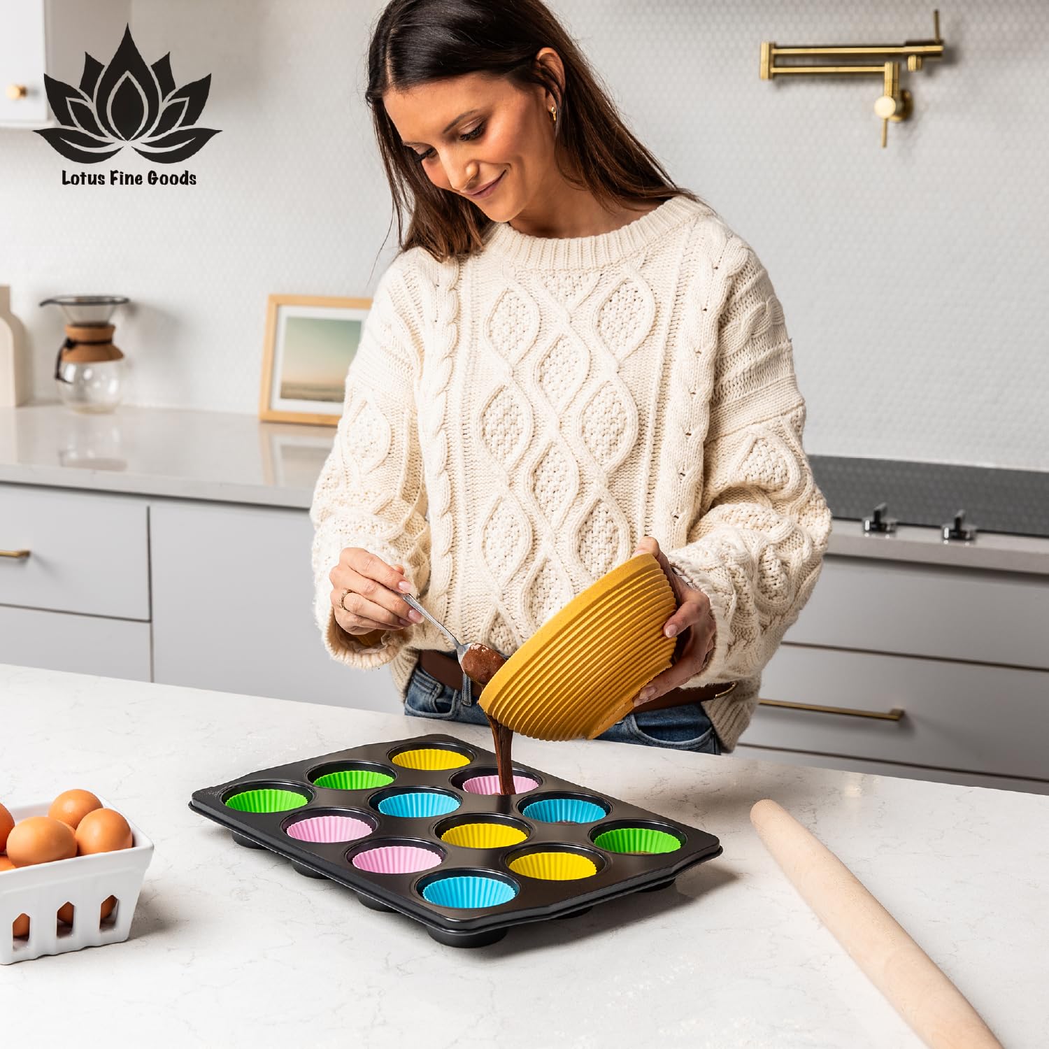 Lotus Fine Goods Premium 4 in 1 Cupcake Carrier with Lid - Cupcake, Deviled Egg, Pie & Cake Container - Includes Pie Crust Shield & 12 Silicone Baking Cups