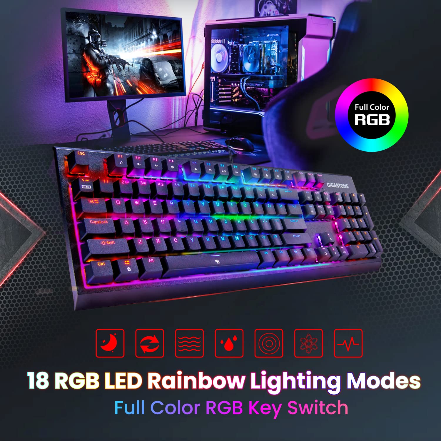 Gigastone 104 Keys Mechanical Gaming Keyboard, Full NKRO and Anti-Ghosting, Full Size Keyboard, Tactile Brown Switch, RGB LED Rainbow Backlit Gaming Keyboard, Precise Tactile Feedback
