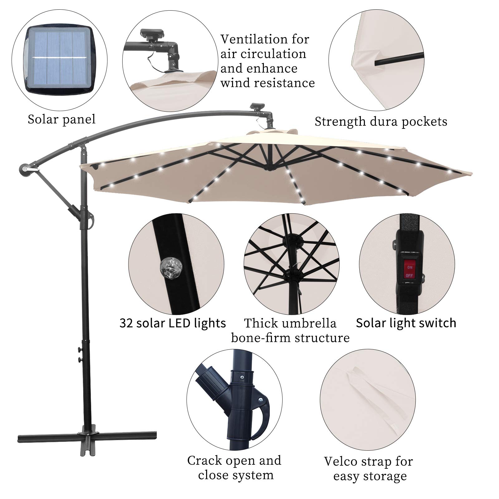 HENG FENG 10FT Solar Powered 32LED Lighted Patio Offset Umbrella Cantilever Umbrella Hanging Outdoor Market Umbrella with Crank and Cross Base, Beige