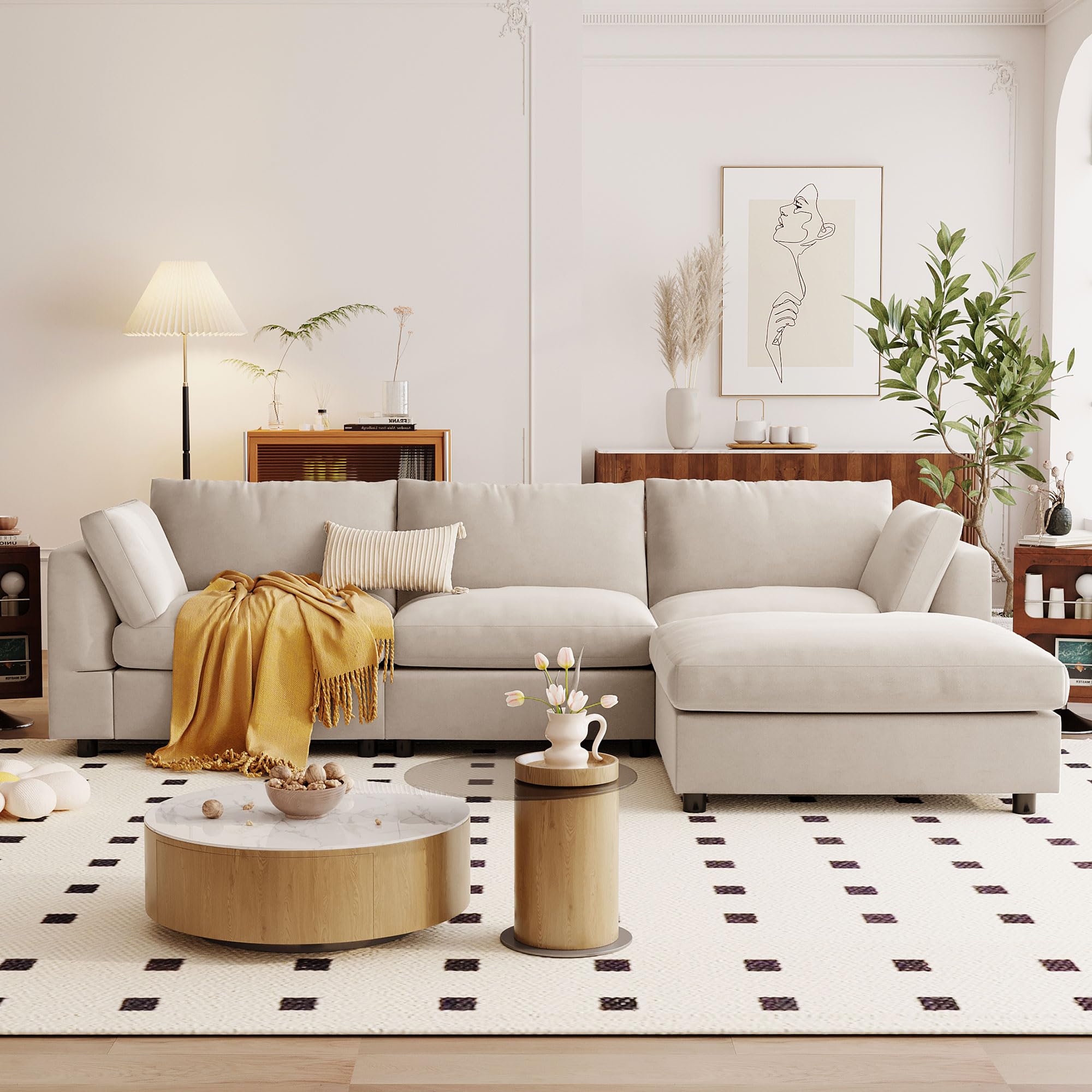 GNIXUU 113" Oversized L Shaped Sectional Sofa Couch, Modern Cloud Sectional Couch Set with Ottoman, Comfy Upholstered Modular Sofa Sleeper for Living Room, Apartment(Beige)