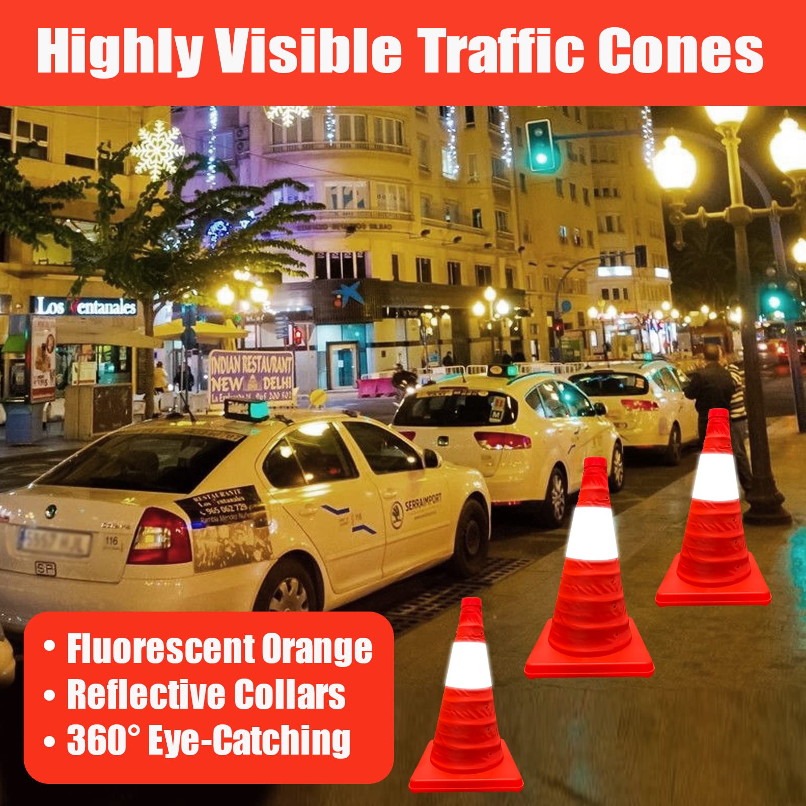 Ikaufen 4 Pack 15.5 inch Collapsible Traffic Cones, Multi Purpose Pop up Safety Road Reflective Parking Cone, Construction Cones, for Training, Parking Lot and Driving Practice