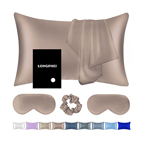LONGPHEI Silk Satin Pillowcase Cooling Pillow Cases for Hair and Skin Taupe with Eye Mask 2pcs (Taupe, Standard)