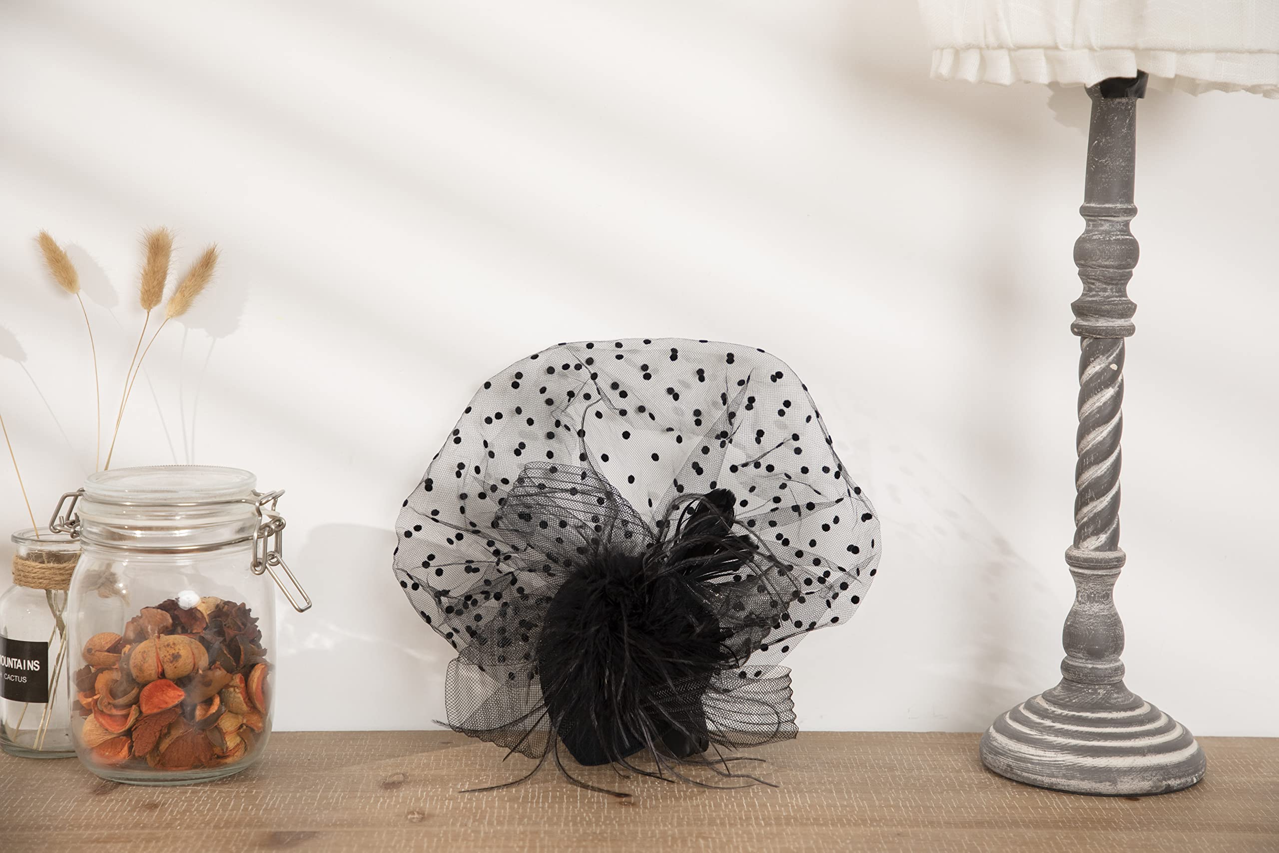 Fascinator Hat Feather Mesh Face Veil Hat Tea Party Headwear and Short Lace Gloves(1617 Black lace)