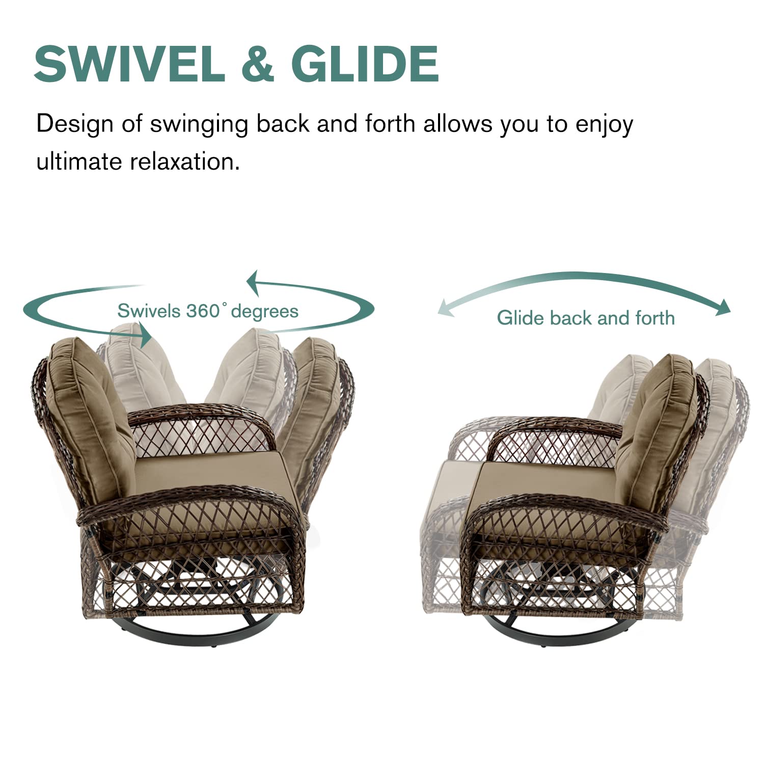 IMUsee Patio Furniture Set, 3 Pieces Swivel Rocking Chairs Outdoor Wicker Patio Bistro Set with Thick 4" Cushions, Brown & Khaki