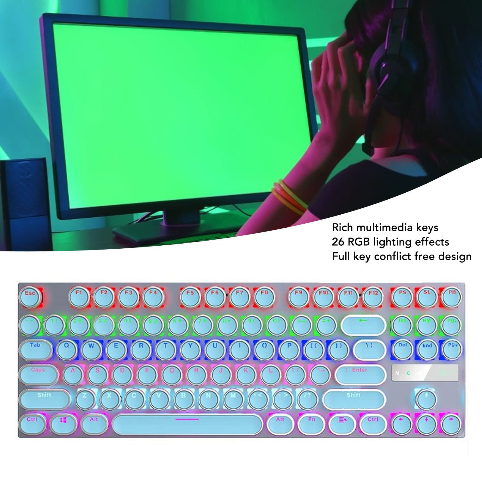 GOWENIC Mechanical Keyboard, 87 Keys Compact Full Key Mechanical Gaming Keyboard with RGB Backlit, Blue Switch, Waterproof, for PC Laptop, for Windows (Blue Electroplating Punk)