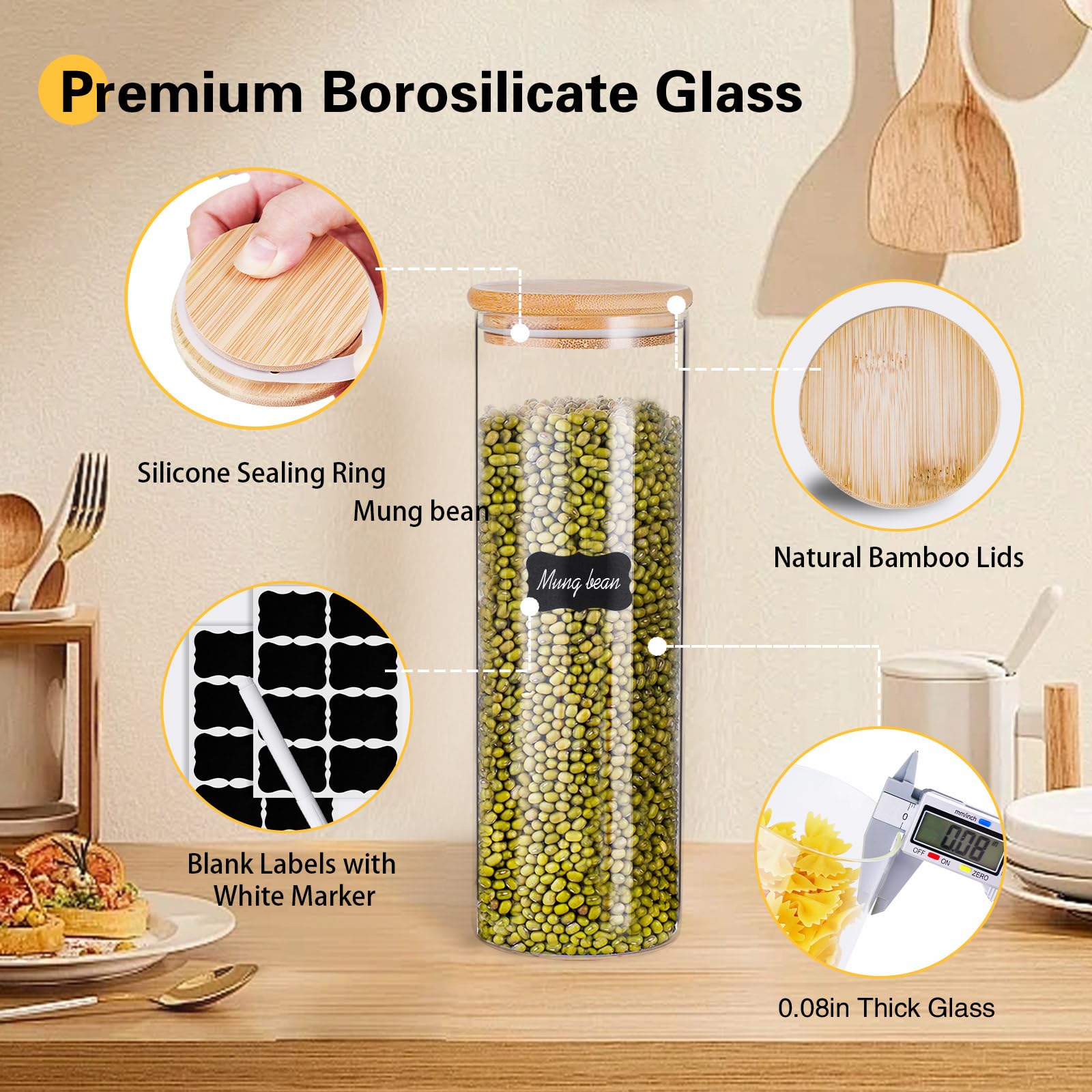 GTJ Glass Storage Containers with Lids, 38oz Set of 8, Glass Jars with Bamboo Lids, Flour Sugar Storage Containers, Airtight Food Storage Containers for the Kitchen, Cereal Containers Storage