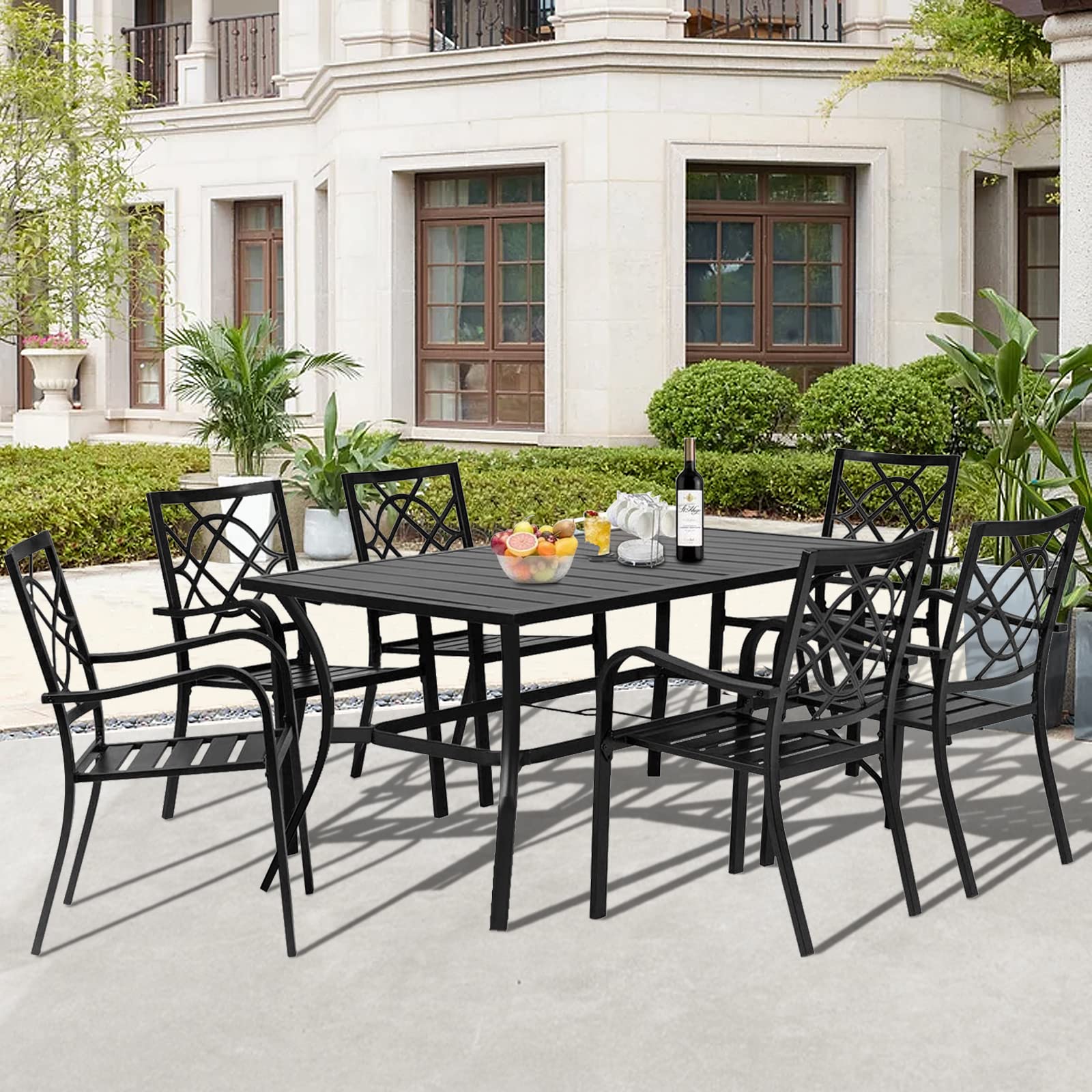 Incbruce 7 Pcs Outdoor Dining Set Wrought Iron Patio Dining Set, Dining Furniture Set (6 Dining Chair and 1 Rectangular Table with 1.57" Umbrella Hole) for Garden,Backyard(Metal Tabletop)