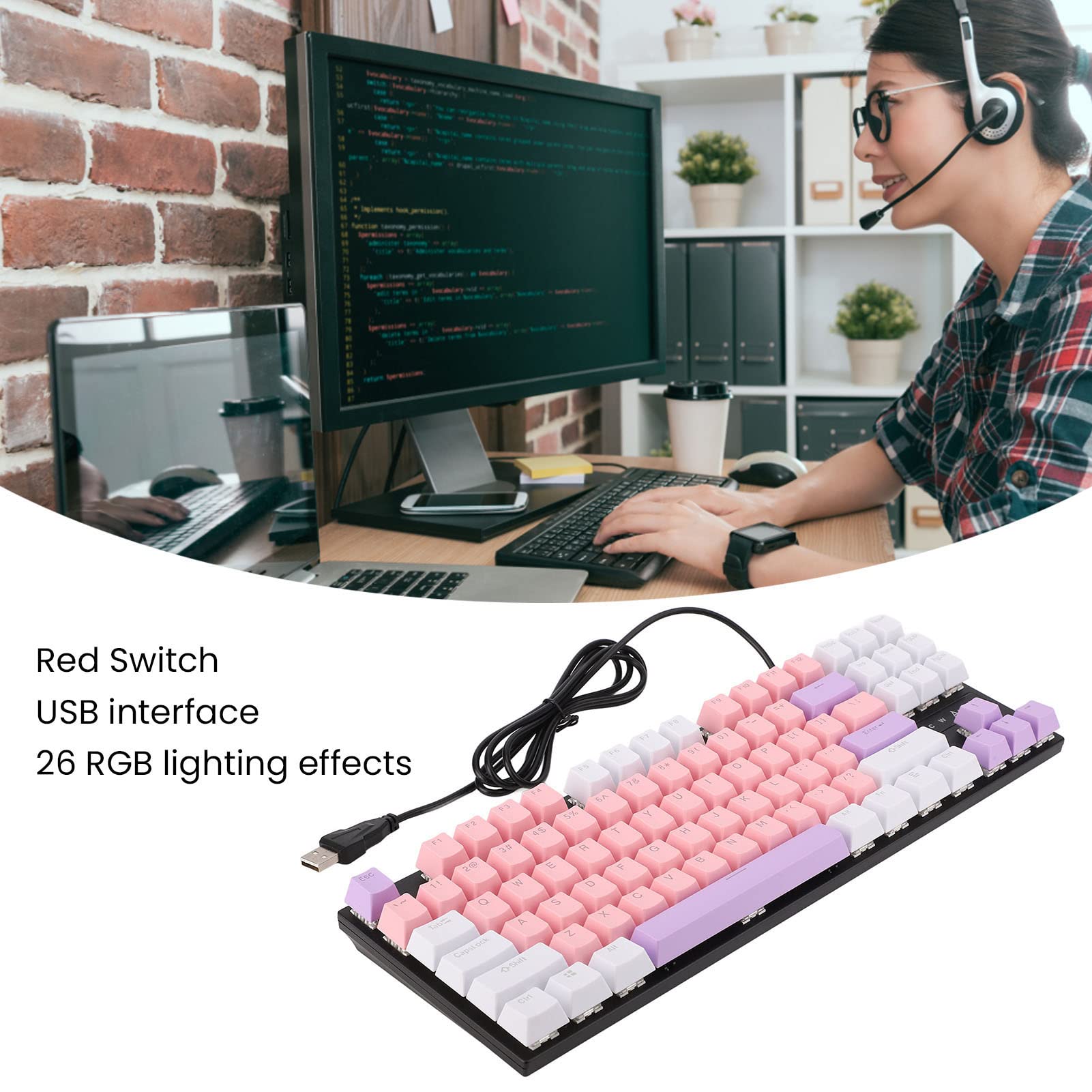 GOWENIC Mechanical Keyboard, 87 Keys Compact Full Key Mechanical Gaming Keyboard with RGB Backlit, Red Switch, Waterproof, for PC Laptop, for Windows (Pink)