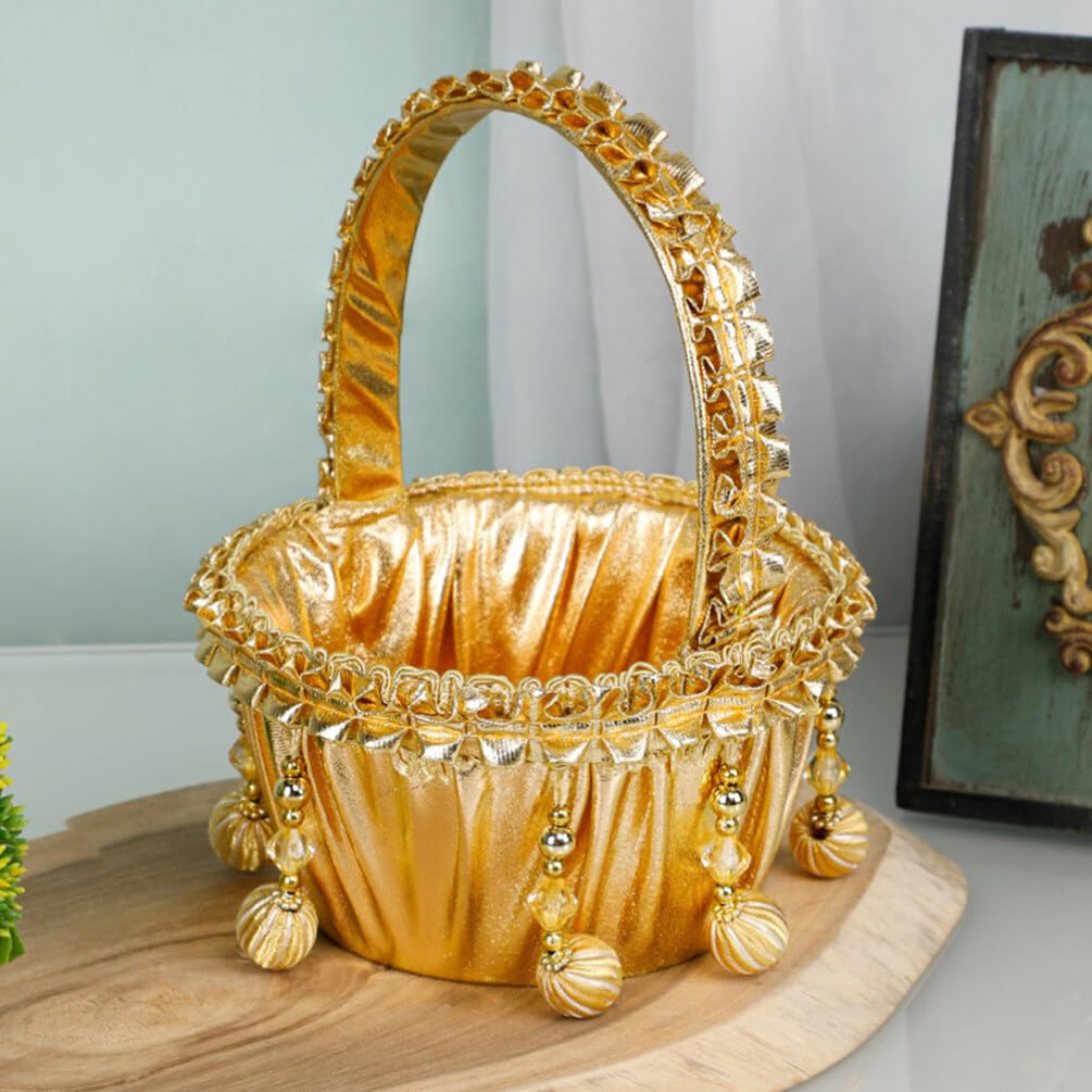 Golden Flower Girl Baskets for Wedding Flower Girl Basket Handle Baskets with Beaded Tassel Bridal Rose Petals Basket Rustic Picnic Storage Basket for Easter