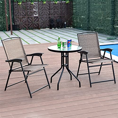 JYDQM 3PC Bistro Patio Garden Furniture Set 2 Folding Chairs Glass Table Top Steel Round Table